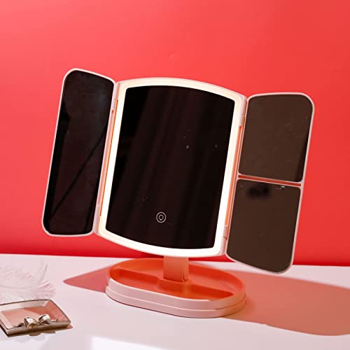 Folding Makeup Mirror Foldable Adjustable Stable Base Desktop 3-Sided Folding Makeup Mirror with Light Household Supplies Pink
