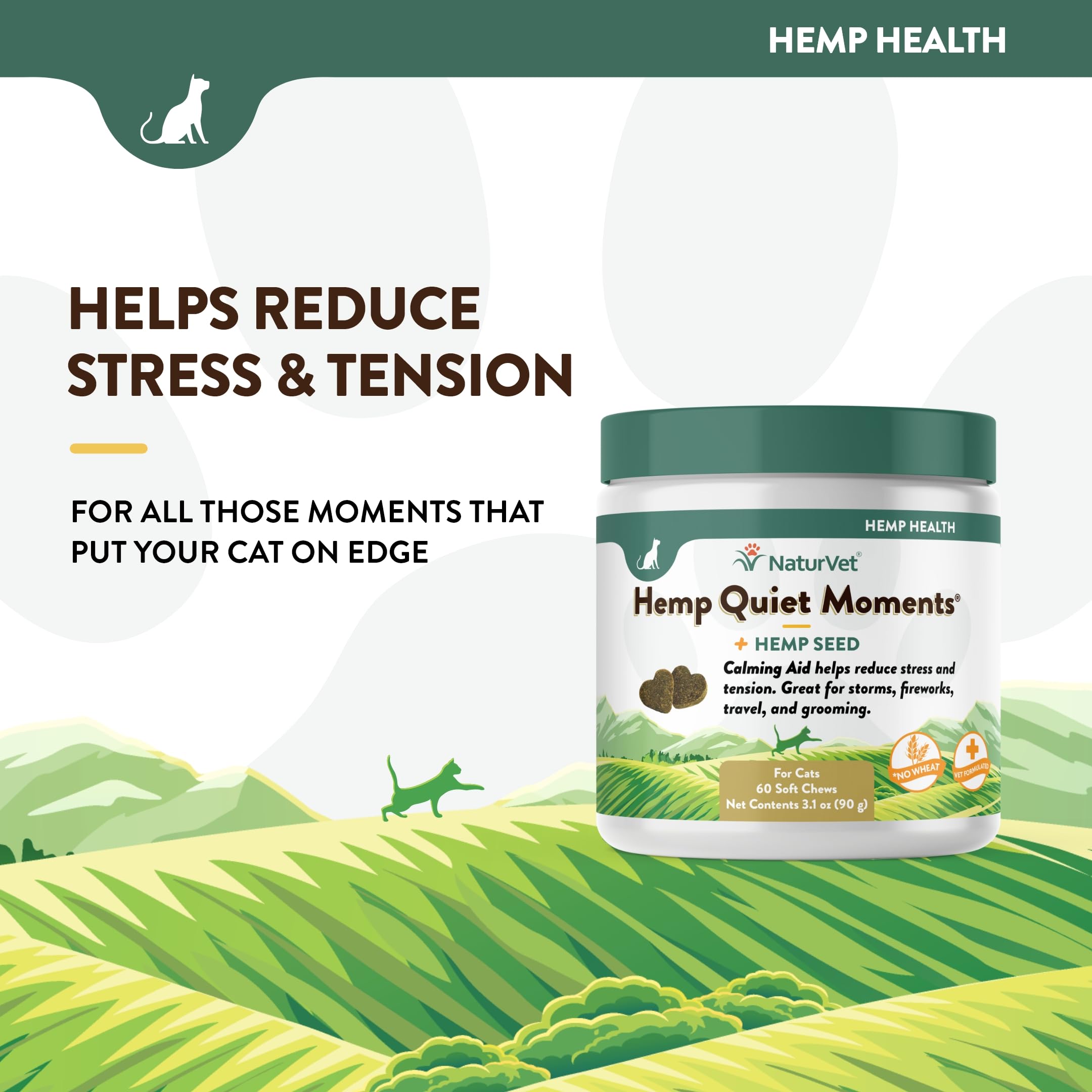 NaturVet Hemp Quiet Moments Plus Hemp Seed for Cats, 60 ct Soft Chews, Made in USA