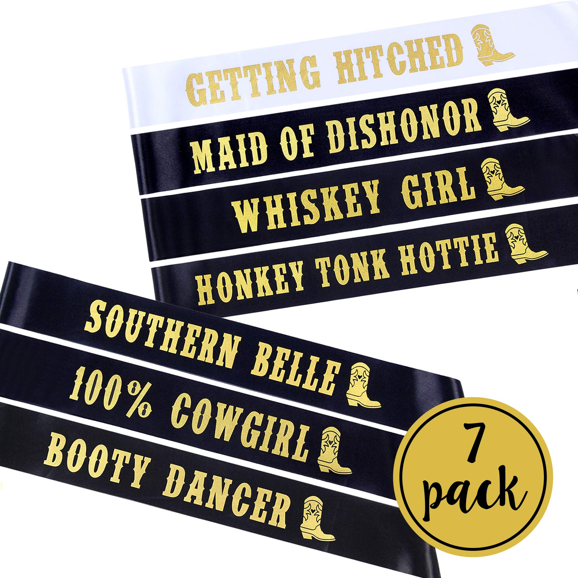 POP FIZZ DESIGNS Nashville Bachelorette Party Sashes | 7 Pack | Includes 1 Bride Sash “Getting Hitched” | 6 Funny Bride Tribe Sashes for Bridal Party