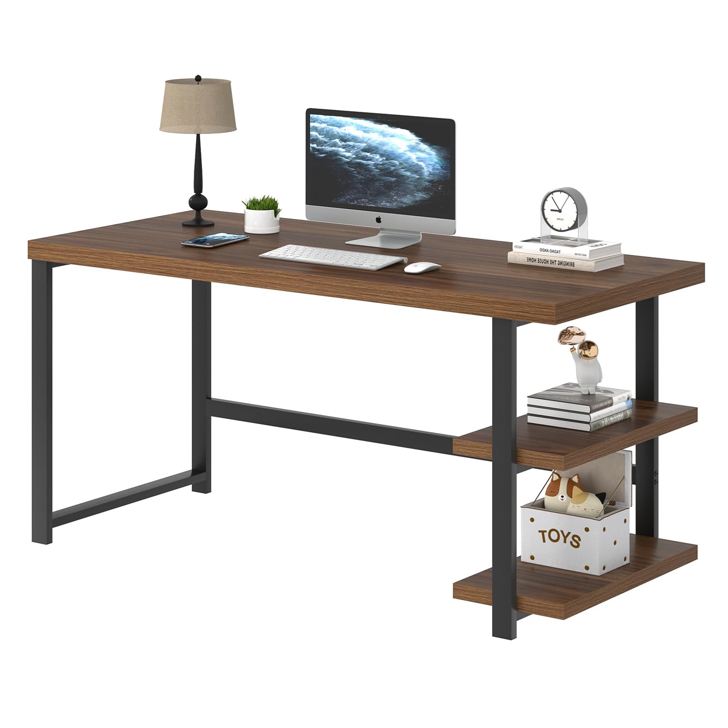 FOLUBAN Modern Computer Desk, Wood Home Office Desk, Study Writing Gaming Table Workstation with Storage Shelves for Living Room Bedroom, Rustic Walnut, 53 Inch