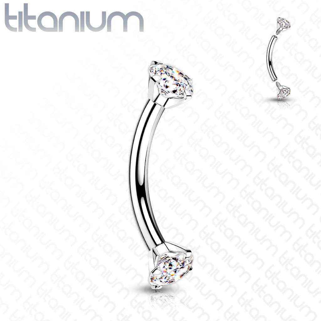 Dynamique Implant Grade Titanium Curved Barbells With Internally Threaded Prong Set CZ Ends (Sold Per Piece)