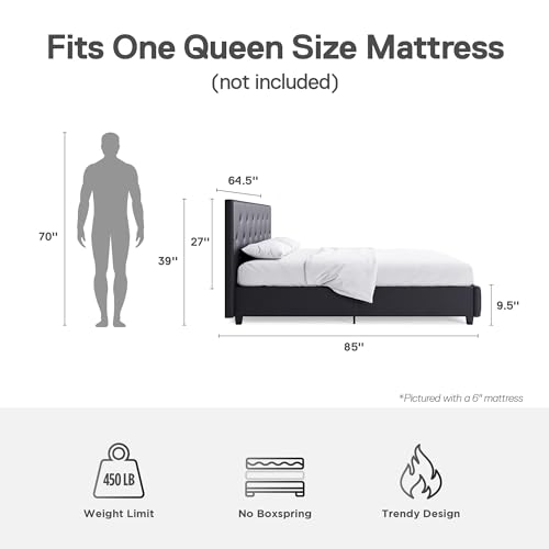 DHP Dakota Upholstered Platform Bed with Diamond Button Tufted Headboard and Footboard, No Box Spring Needed, Queen, Gray Faux Leather,Grey
