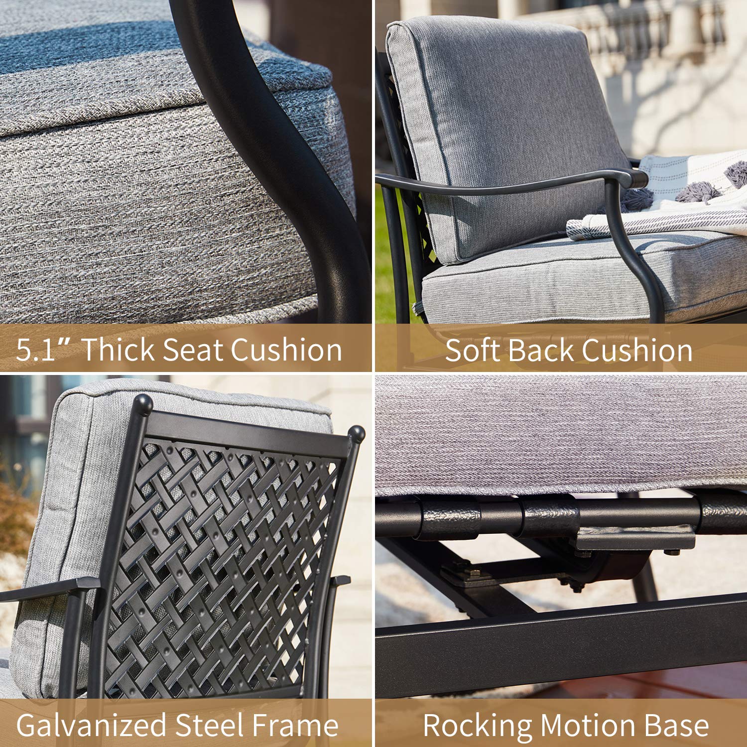 PatioFestival 2 PC Outdoor Padded Conversation Set,Patio Furniture Sets Modern Bistro Cushioned Rocking Sofa Chairs with 5.1 Inch Thick Seat Cushions,Grey
