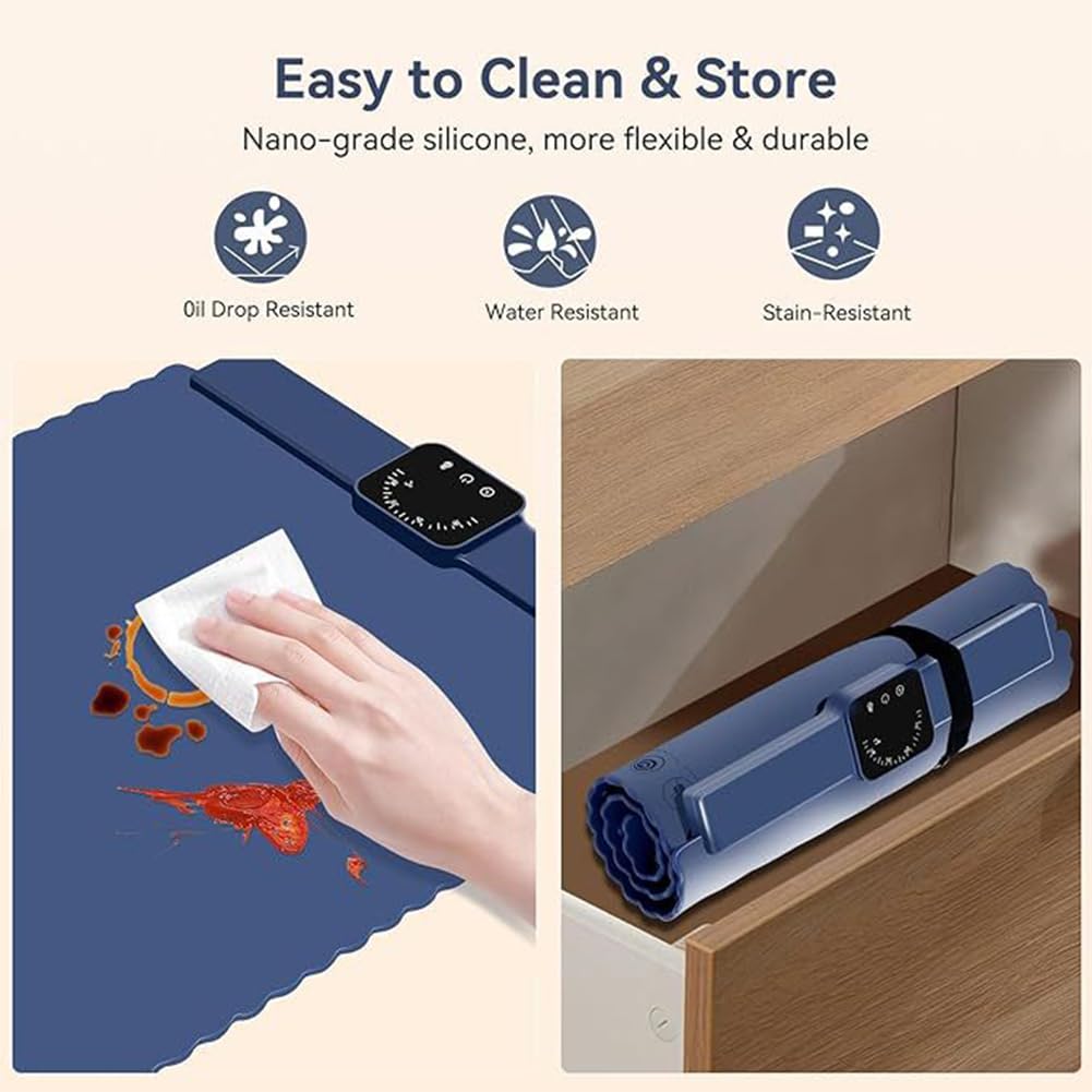 Food Warming Mat, 5 Level Adjustable Temperature, Silicone Heating Mat for Food, Auto-Off Timer, Flat 26 x 15 inch (Blue)