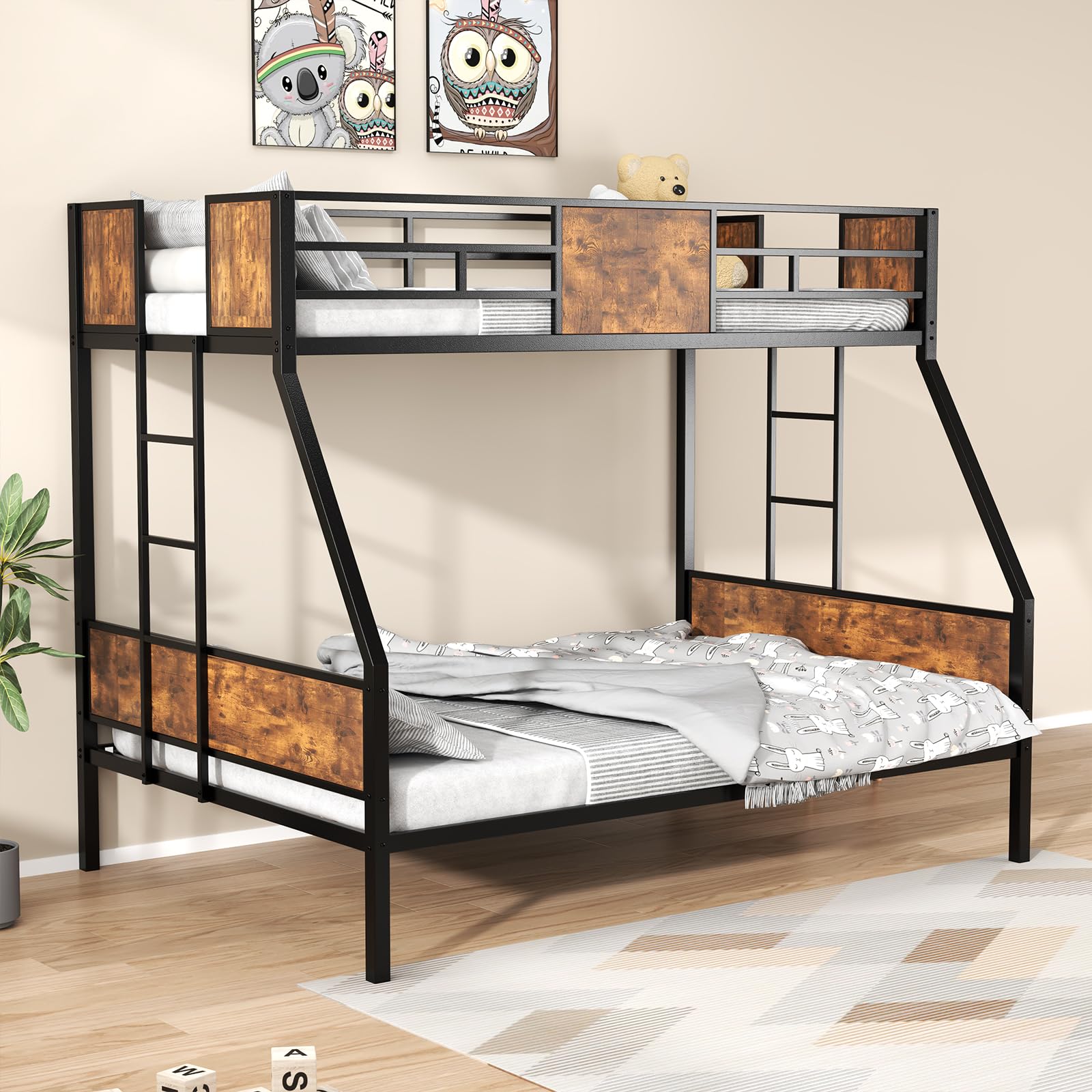 Kiivakii Metal Bunk Bed Twin Over Full with Side Ladders, Twin Over Full Bunk Bed with Sturdy Frame Supports, No Noise, Black and Brown