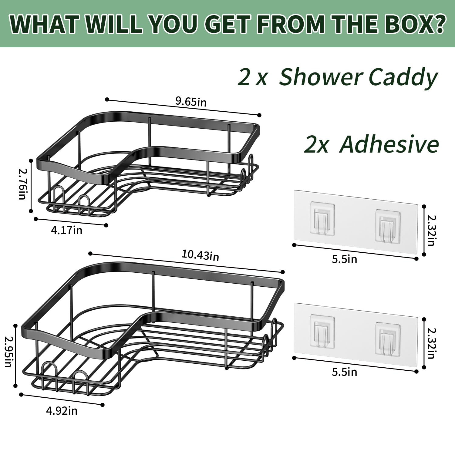 KiKiRico Corner Shower Caddy, 2 Pack No Drilling Shower Organizer with 8 Hooks, Adhesive Rustproof and Waterproof Stainless Shower Shelves for Bathroom, Black Storage Racks