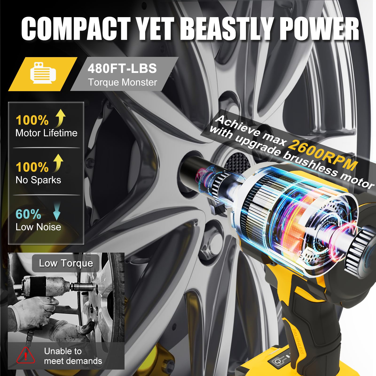 NCOEN 650N.m Cordless Impact Wrench 480Ft/lbs Brushless 1/2 Impact Gun Variable Speed 2800RPM Upgraded 3 in 1 High Torque Impact Drill 2x 4.0Ah Battery Charger 4 Sockets with Storage Bags