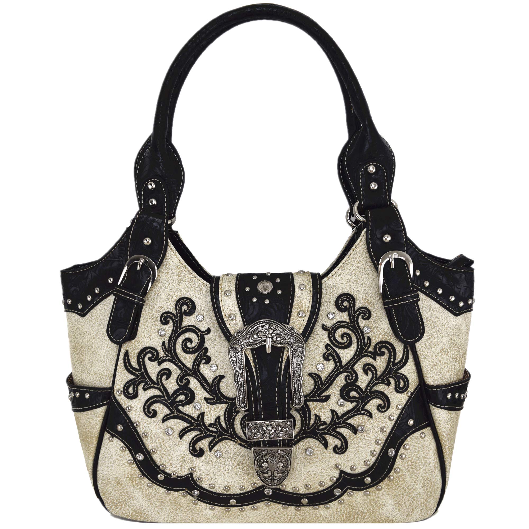 Western Style Tooled Leather Buckle Concealed Carry Purse Country Handbag Women Shoulder Bag Wallet Set (Beige Set)