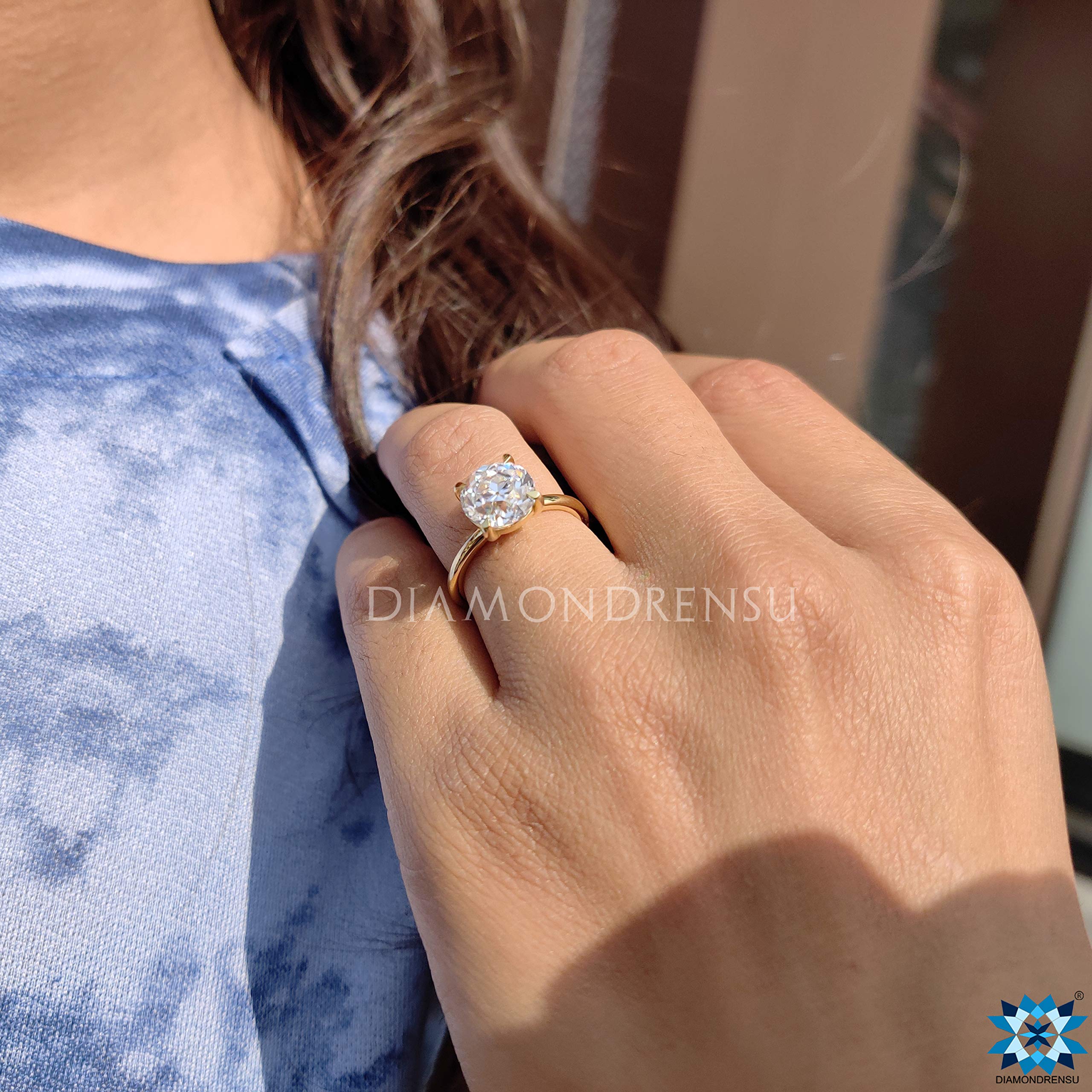 Diamondrensu 2.56 CT Round Old European Cut Colorless Moissanite Solitaire Ring, Wedding Ring, Engagement Ring, 14K Yellow Gold, Ring Size 4.75 US