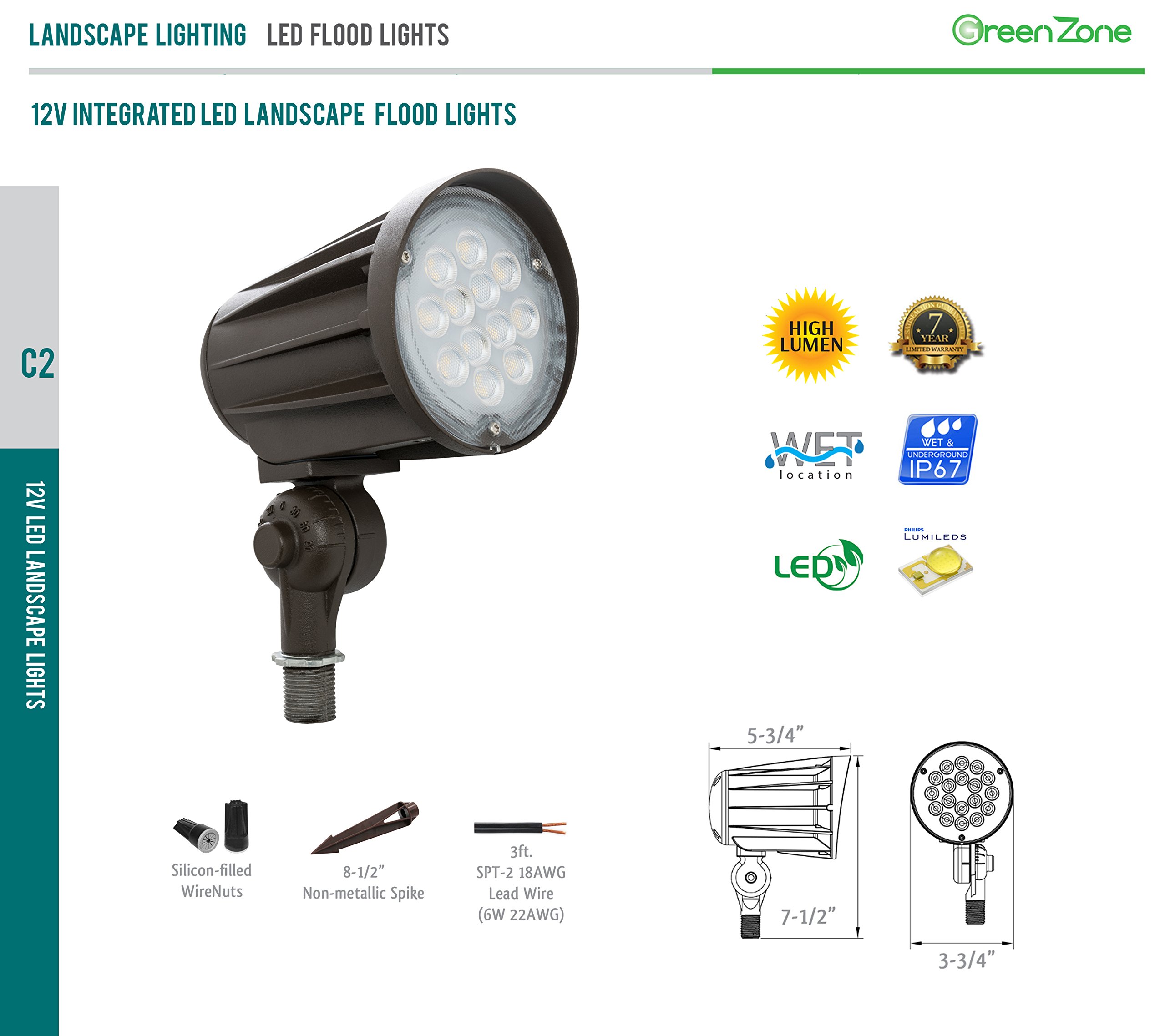 Westgate WG LED 12 Volt Outdoor Landscape Garden Bullet Flood Lights - Path Walkway Lawn Spotlights - Wire/Spike Accessories Included (24W 5000K Cool White Bronze)