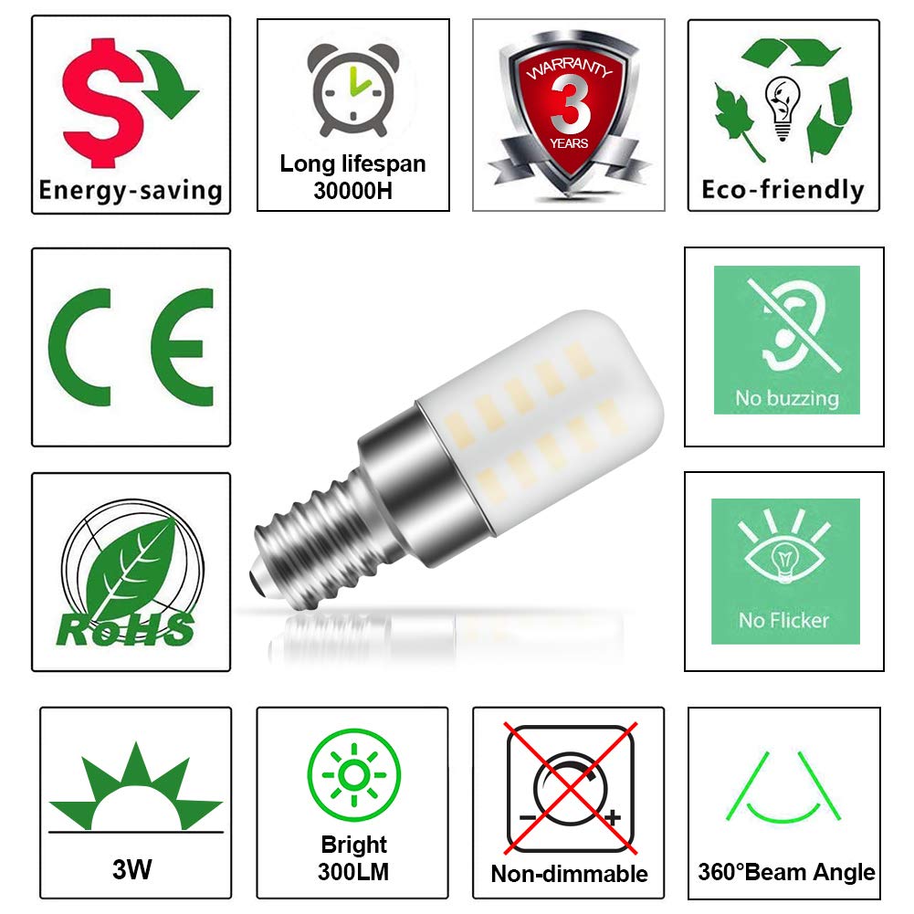 E12 LED Bulb 3W E12 Candelabra Bulbs Equivalent to Halogen Bulb 25W 120V Warm White 3000K C7 Bulb Candle Base for Chandeliers, Ceiling Fan, Dryer Drum, Himalayan Salt Lamps, Refrigerator (2-Pack)