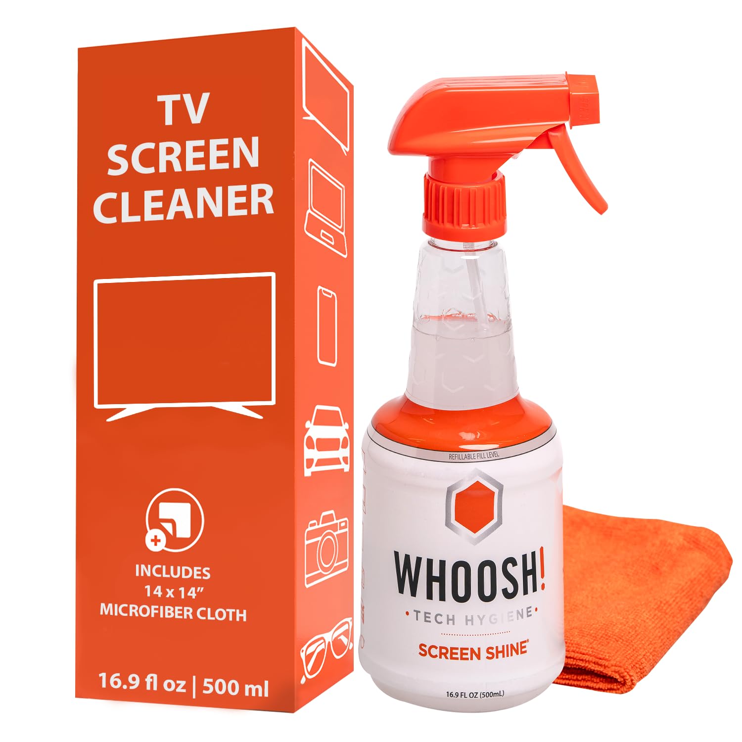 WHOOSH! TV Screen Cleaner - 16.9 fl oz + 1 Microfiber Cleaning Cloth - for TV, OLED, Car, Computer, Laptop, MacBook, iPad, iPhone, Camera, Touch Screen - Industrial Size Electronic Cleaner Kit