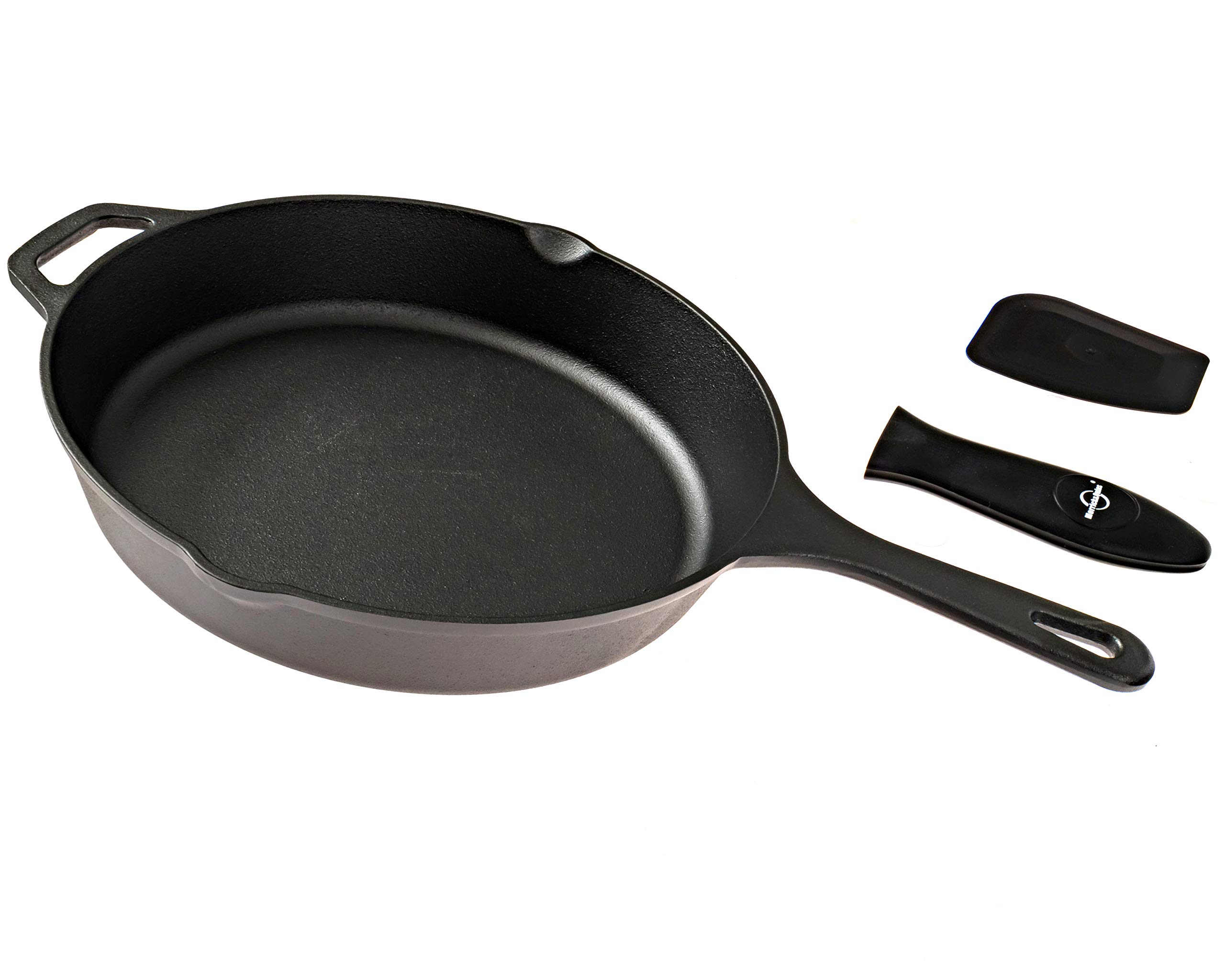 Preseasoned Cast Iron Skillet 12 Inch with Removable Silicone Handle Grip and Pan Scraper, Cast Iron Fry Pan for Indoor and Outdoor Use, Ovenproof, Stovetop, Induction Safe Seasoned Skillet