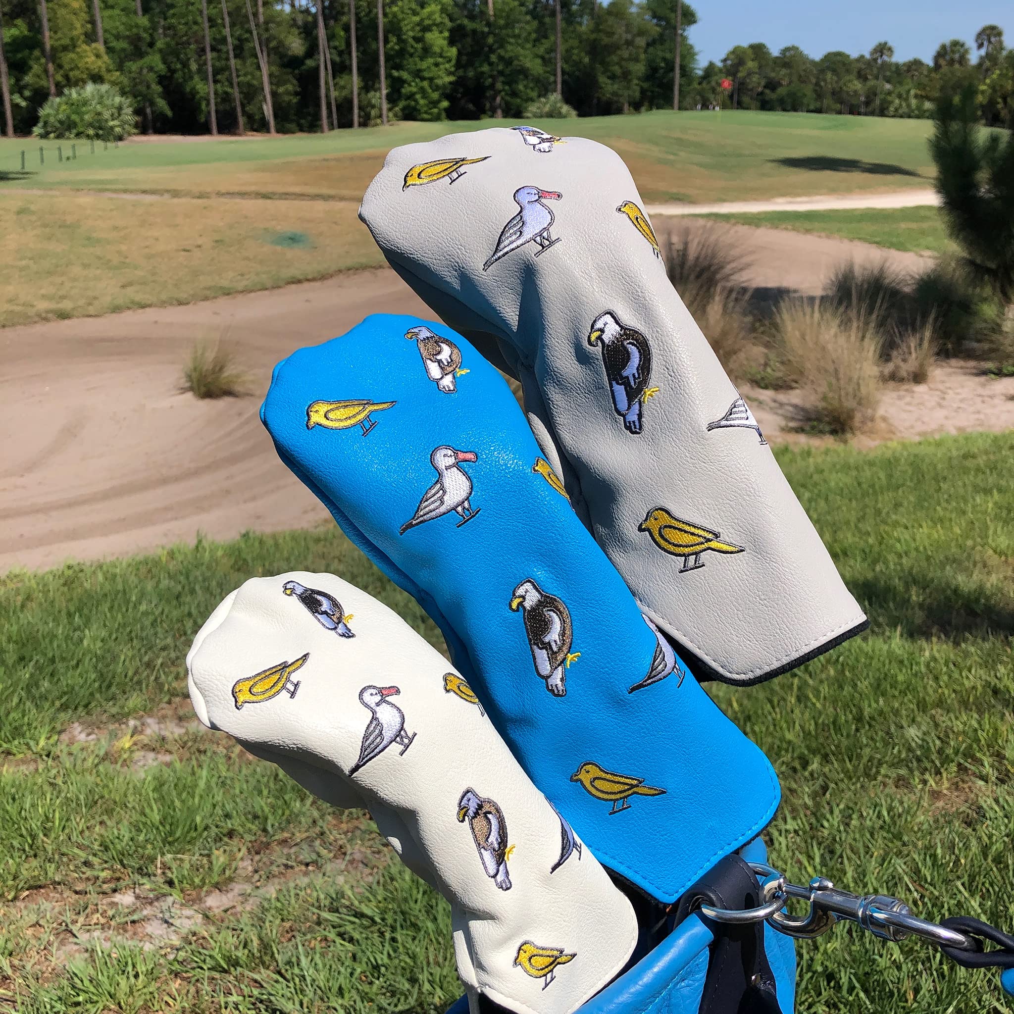 E9 Golf Fore The Birds Golf Head Cover - Synthetic Leather Golf Head Covers with Soft Fur Lining - Golf Club Covers with Unique V Shape Design Opening - Driver, White