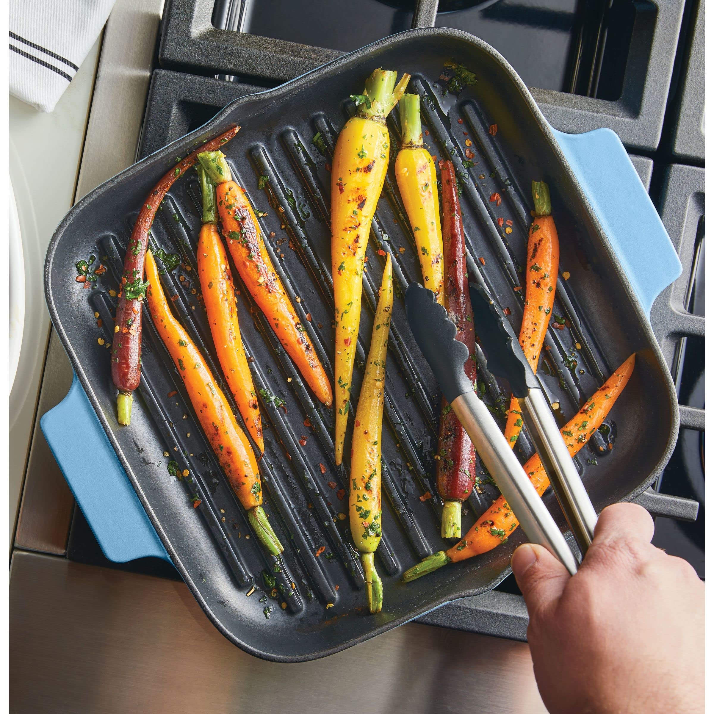 KitchenAid Enameled Cast Iron Square Grill and Roasting Pan, 11 Inch, Blue Velvet
