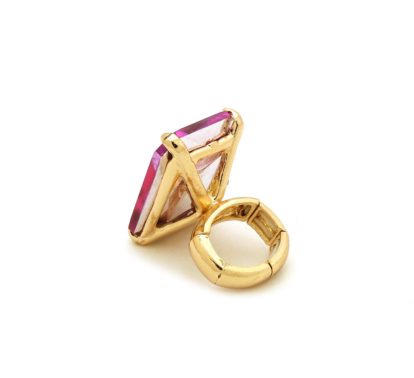 Women's Extra Big Crystal Colorful Stone Stretch Ring (Rectangle - Fuchsia)