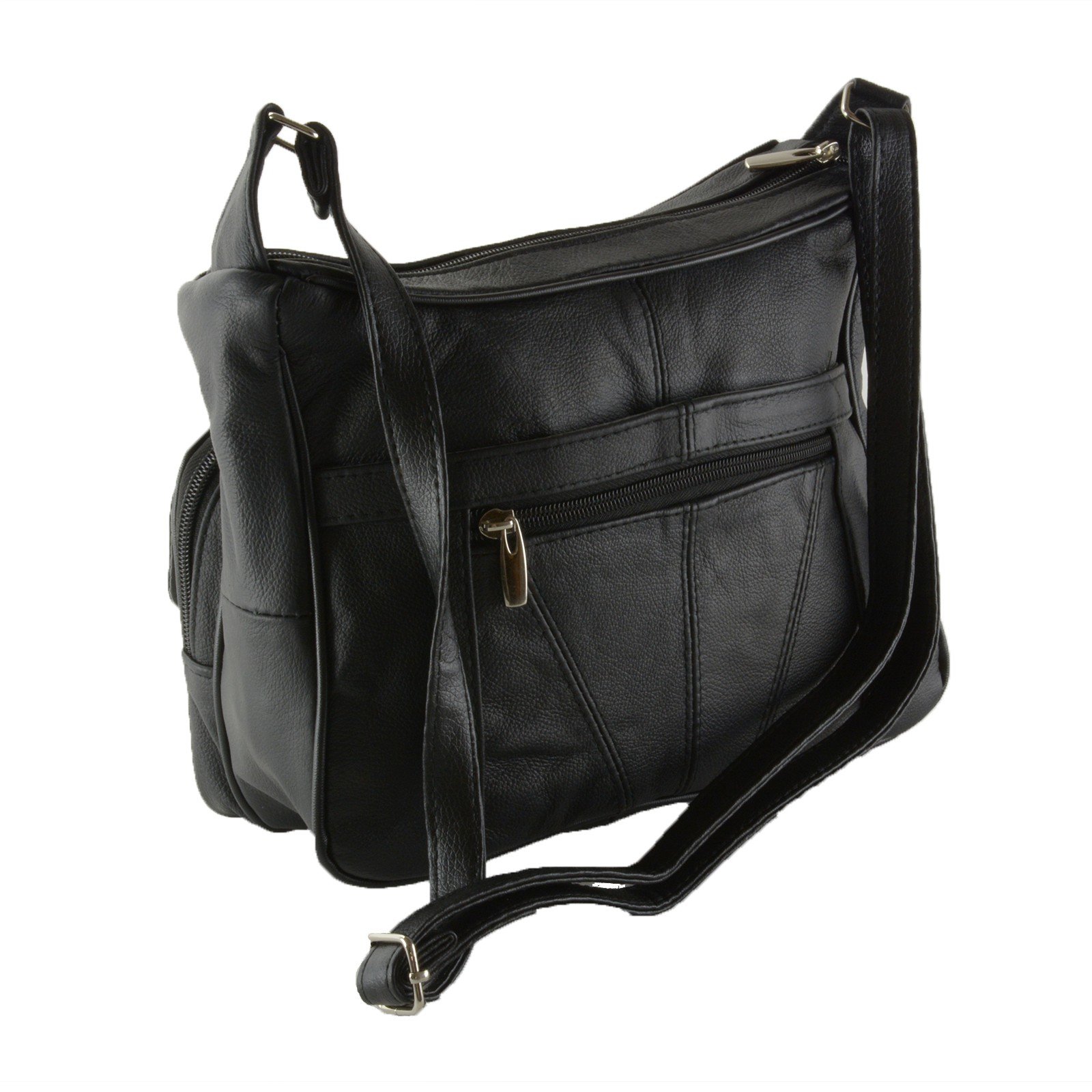 Women's Leather Organizer Purse Shoulder Bag Multiple Pockets Cross Body Handbag (Black) Regular