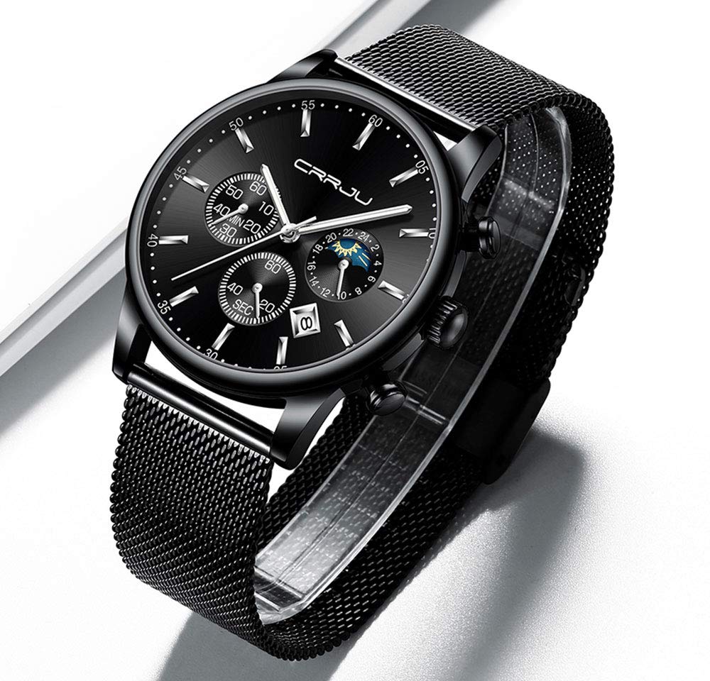 CRRJU Men Watch,Men Luxury Waterproof Unique Designed Watches 3-Sub Dial Date Mens Mesh Band Stopwatches