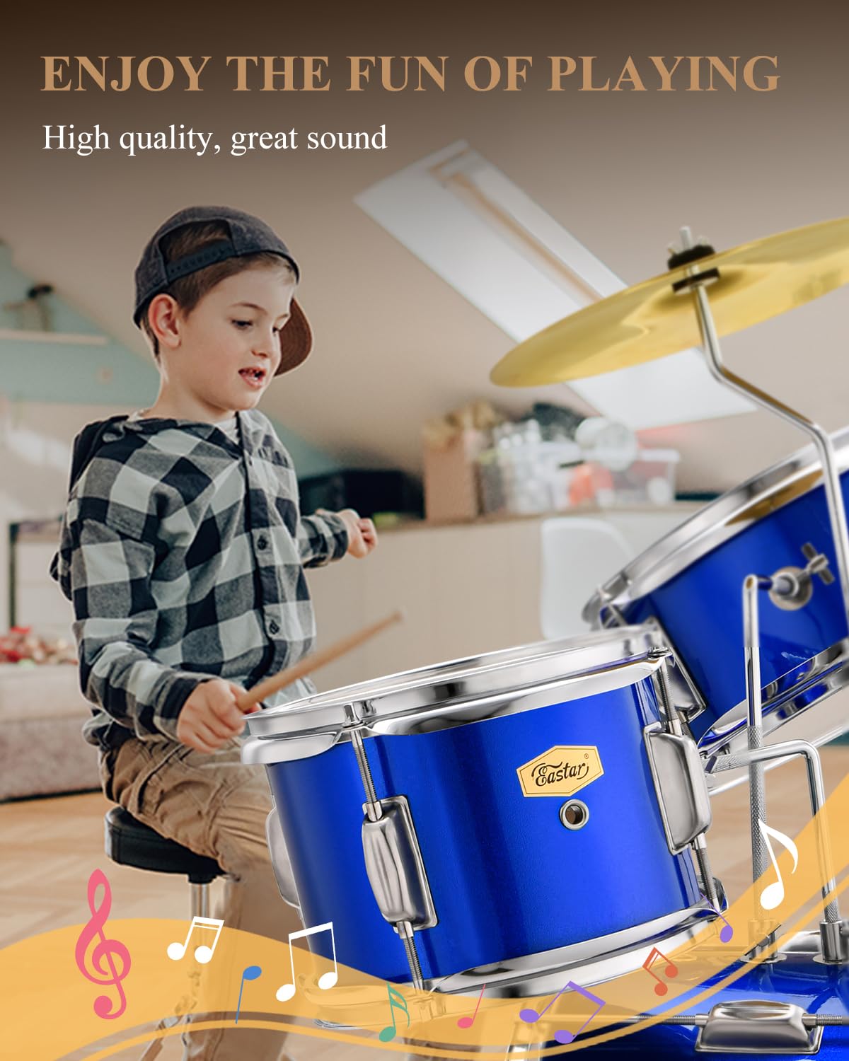 Eastar Kids Drum Set 16 inch 3-Piece, Junior Drum Set Kit with Throne, Cymbal, Pedal & Drumsticks,Metallic Blue (EDS-280Bu)