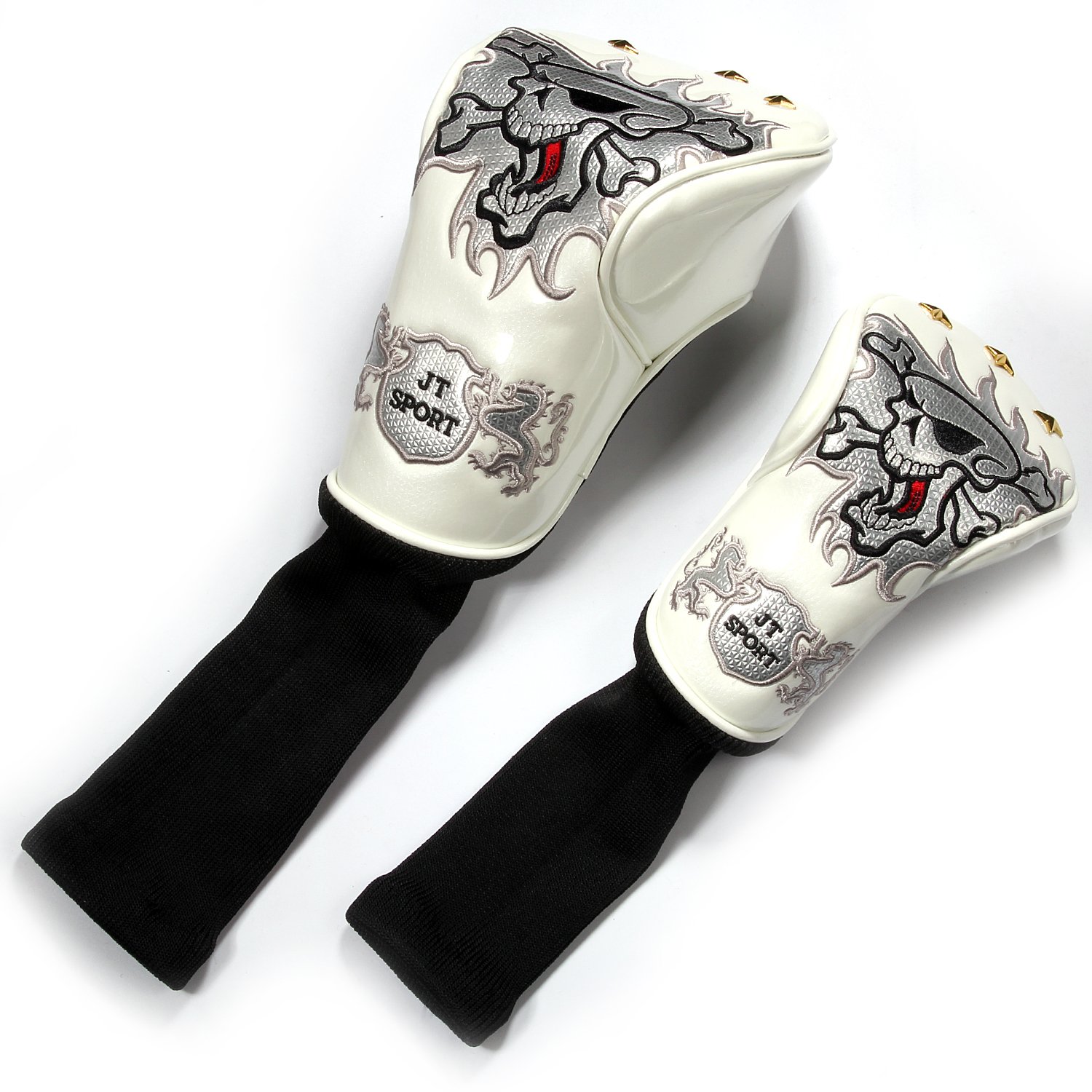 Crtystal Leather Skull Head Embroidery Style Golf Club Headcover Set Protector (3pcs/Set White Cover)