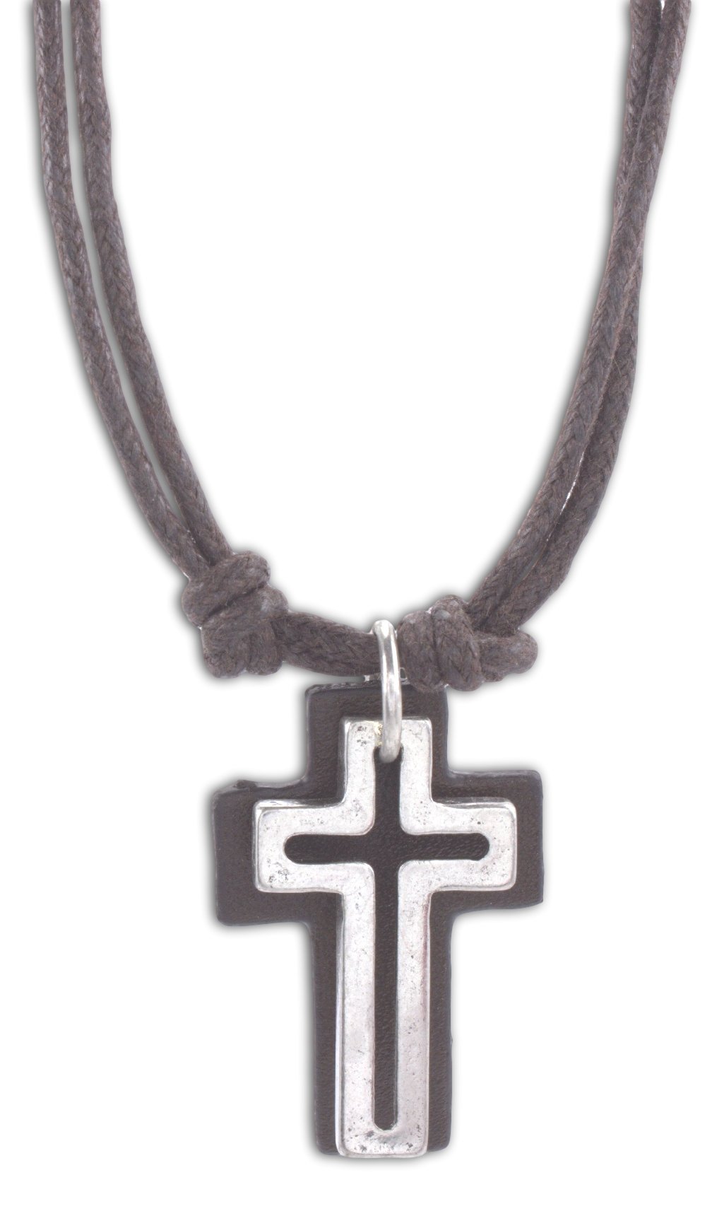 Cruz Accessories Open Cross with Leather Back on Double 16" Cord Vintage Look Necklace (Brown)