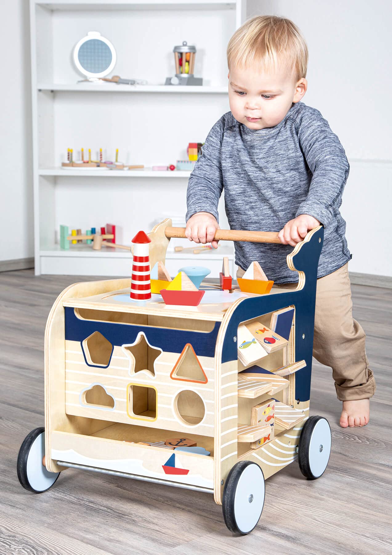 Wooden Whale Baby Walker by Small Foot – Classic 5-in-1 Activity Center - Interactive Toy with Shape Sorter, Puzzle Maze, Compass, Chalkboard - Develops Kids Coordination, Motor Skills –Age 12+ months