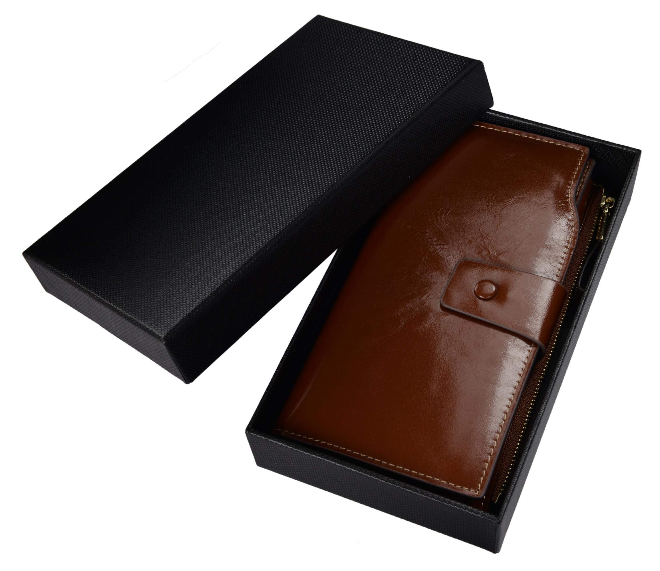 woogwin Women's RFID Large Capacity Luxury Genuine Leather Clutch Wallet Ladies Purse (Wax Coffee)
