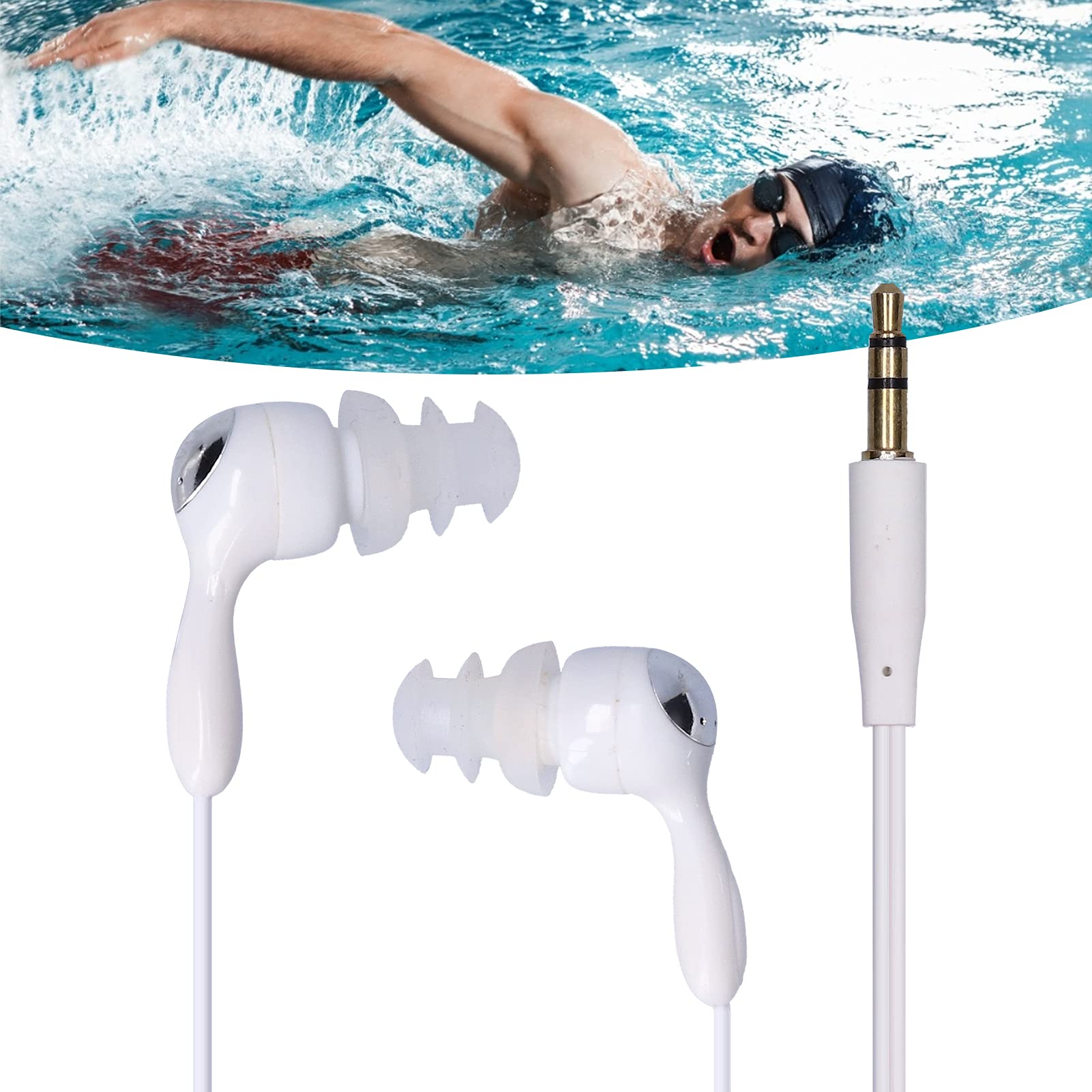 PUSOKEI Short Cord Waterproof Headphone, IP68 Waterproof Shortline in-Ear Tree Earplugs Waterproof Earphone Suitable Fit for Swimming Surfing Running(White)