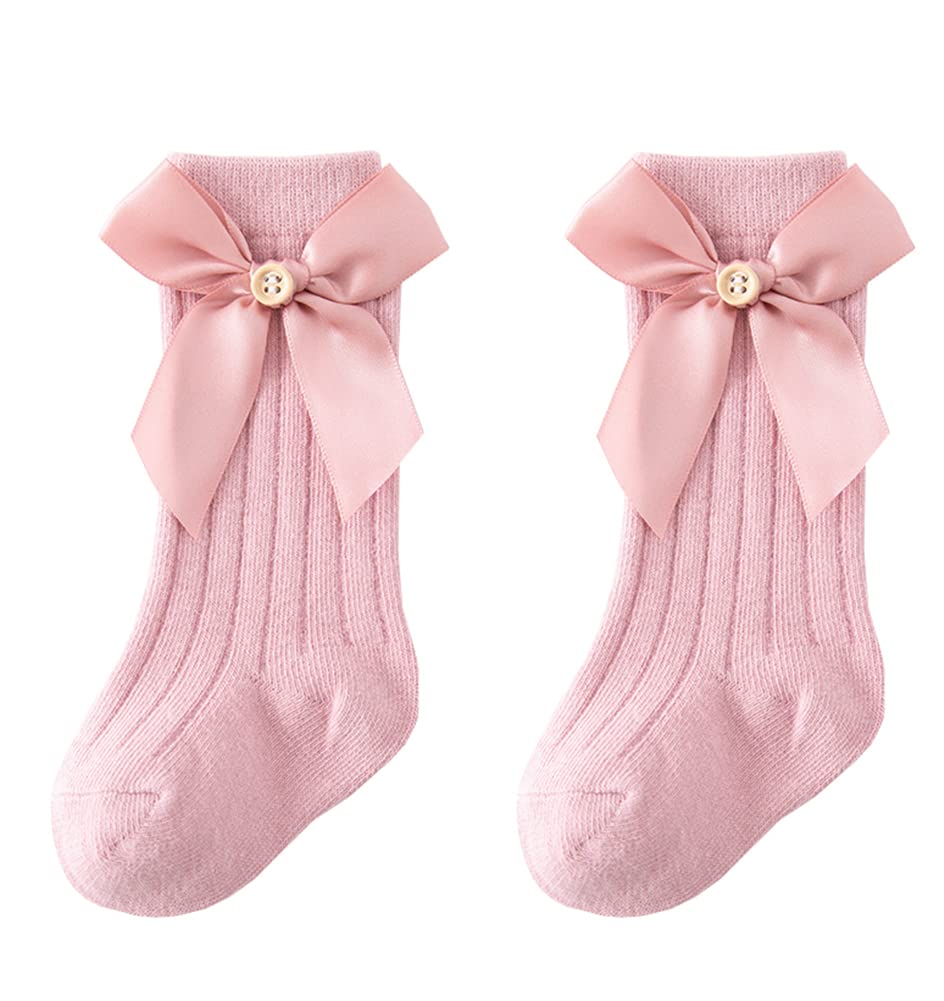 QandSweet Baby Newborn Knee High Socks Seamless Toddler Girls' Big Bow Button Cotton Stockings 0-6 Months