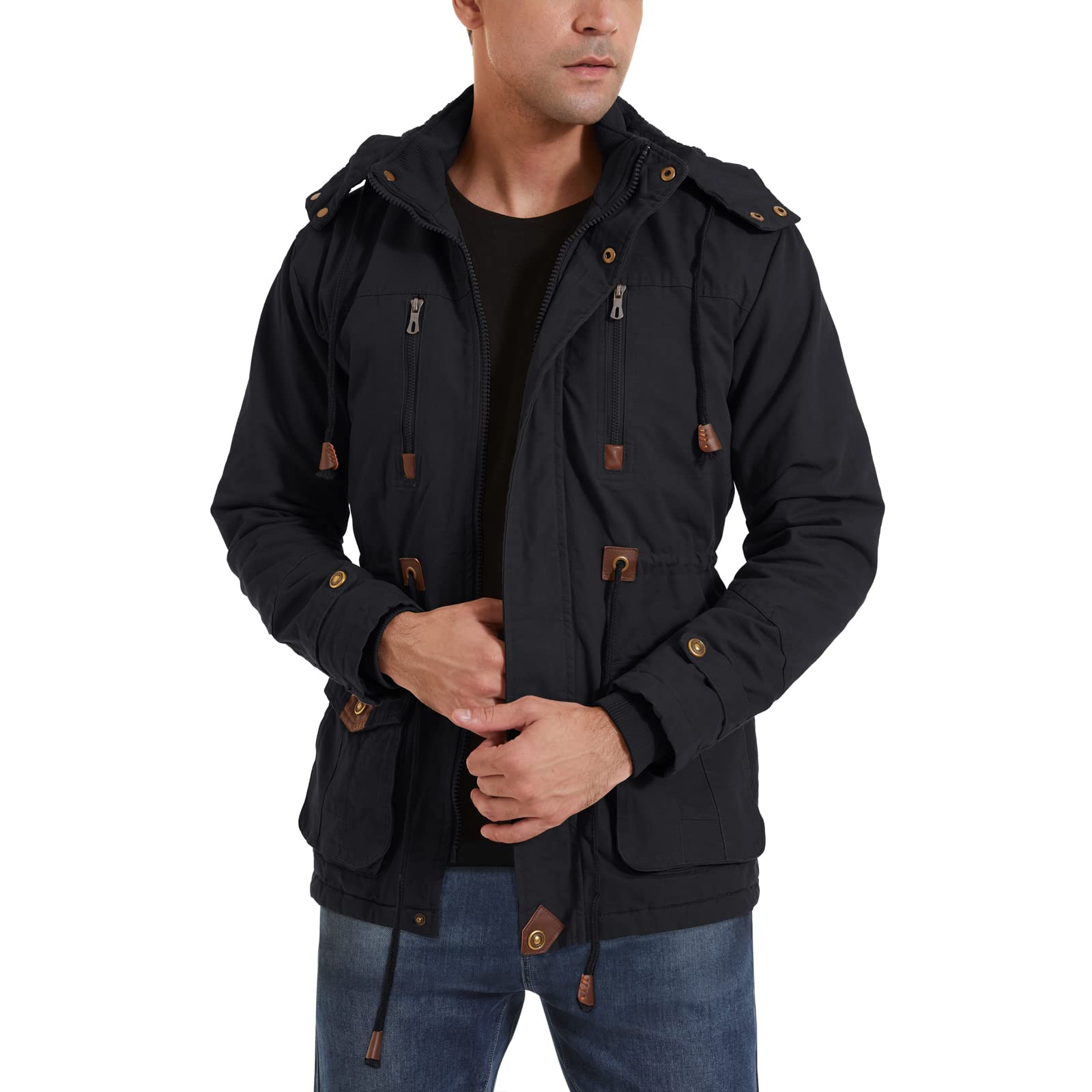 CRYSULLY Men's Winter Fleece Warm Stylish Classic Cotton Windbreaker Cargo Jacket Black
