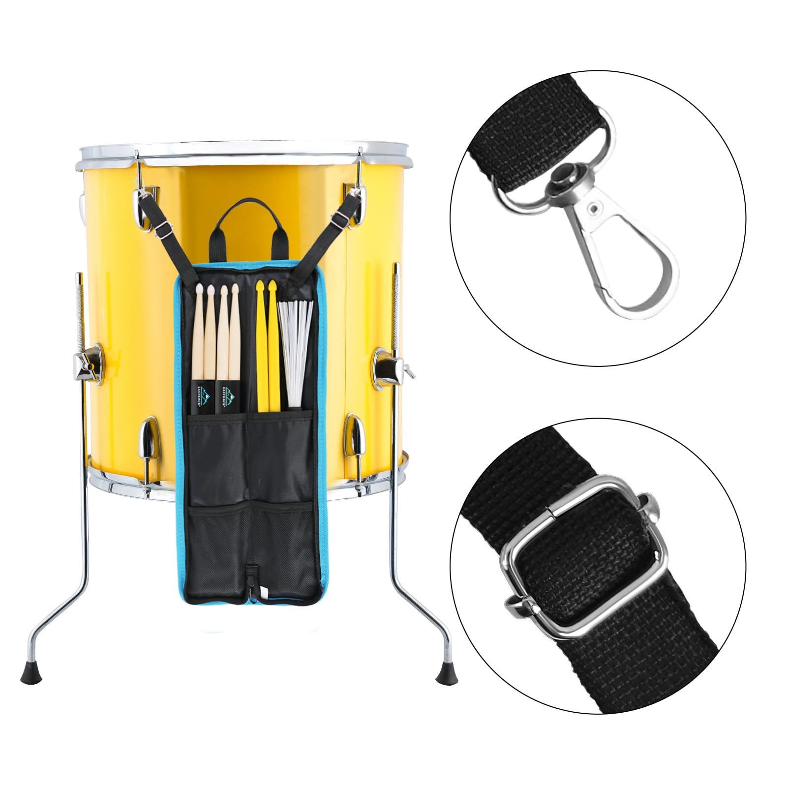 EASTROCK Drum Sticks Bag with 3 Pair Drumsticks, Drumstick Bag Drum Sticks Holder with Floor Tom Hook, Carrying Strap (Black)