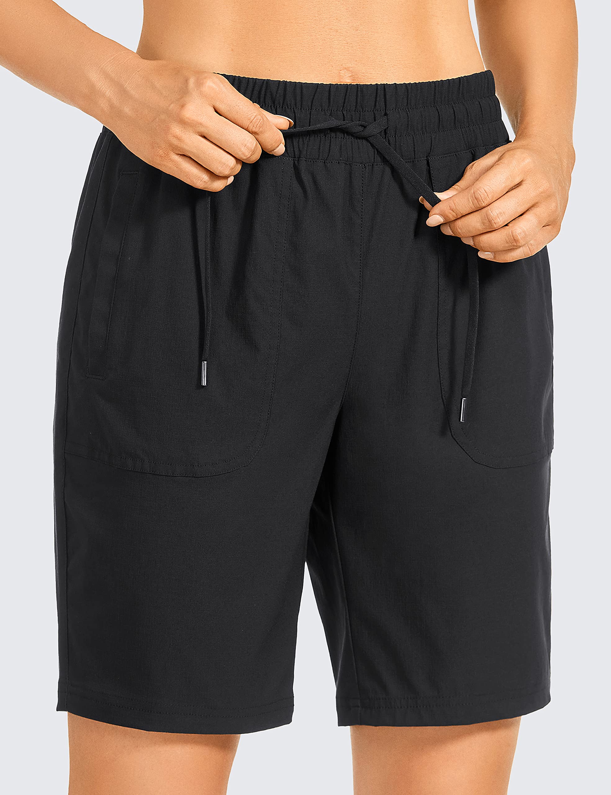 CRZ YOGA Women's High Waisted Bermuda Hiking Shorts 9'' - Quick Dry Knee Length Athletic Golf Outdoor Shorts Pockets Black Medium