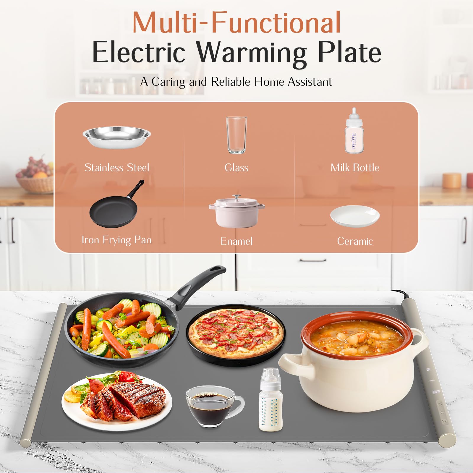 Hiwoor Food Warming Mat, Electric Warming Tray Full Surface Heating with 3 Temperature and Timer Settings, Silicone Heating Mat Heat Pad Rollable Versatile Food Warmers for Parties Buffet Gatherings