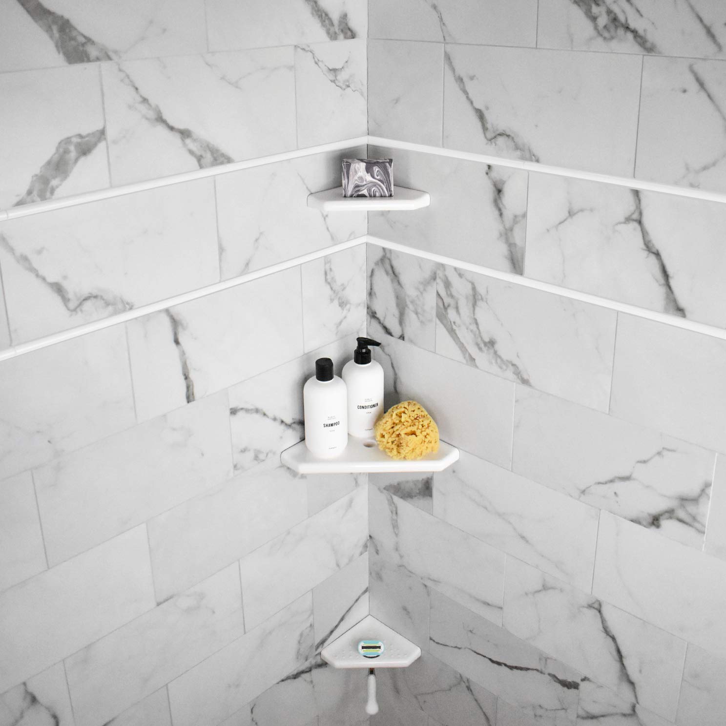 Questech Decor Corner Shower Footrest, Shower Shaving Shelf for Inside Shower Tiled Walls, Bathroom Shower Corner Storage, 5 Inch Corner Shelf Shower Caddy Geo Flatback, Bright White Polished