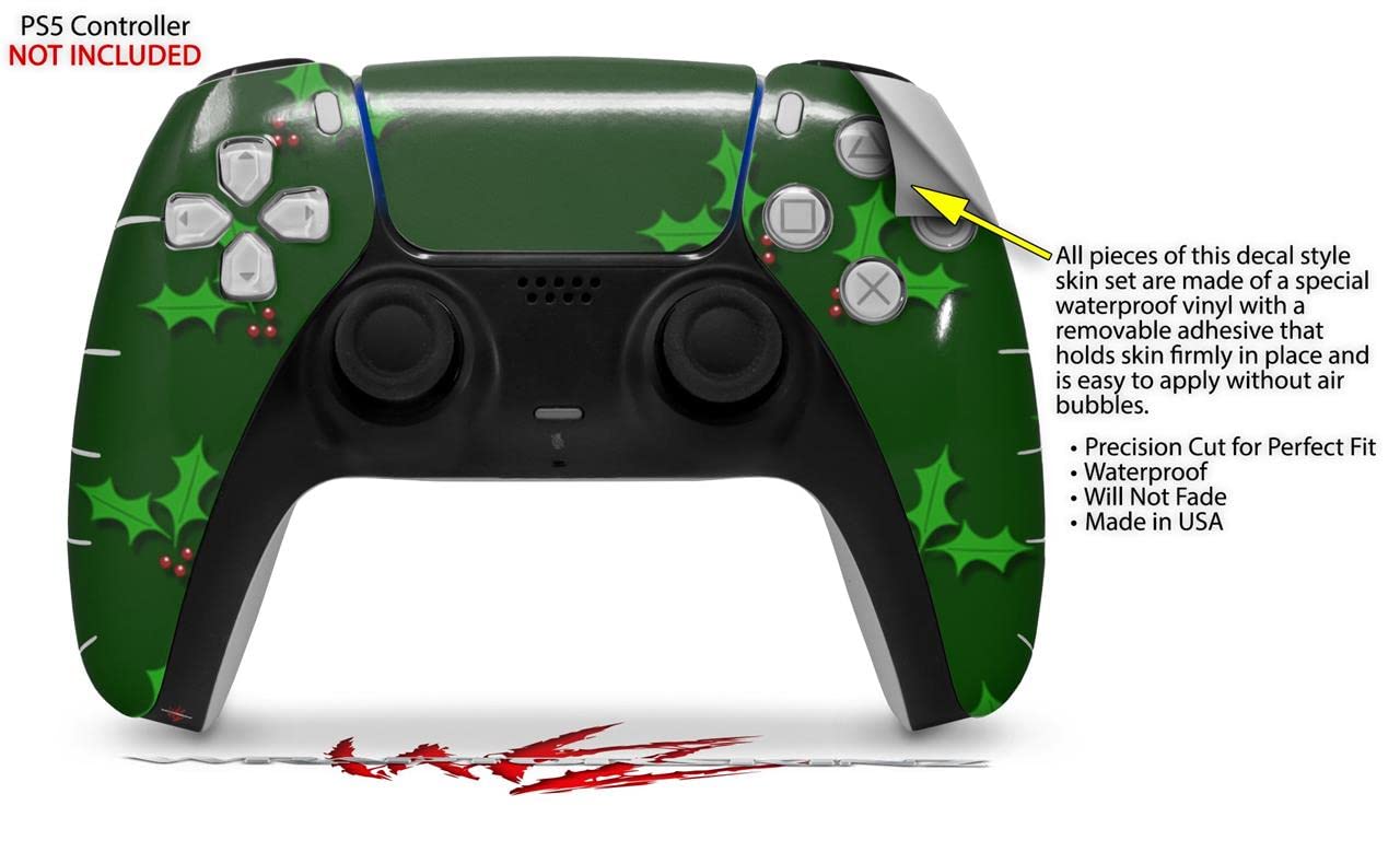 WraptorSkinz Skin Wrap compatible with Sony PS5 DualSense Controller Christmas Holly Leaves on Green (CONTROLLER NOT INCLUDED)