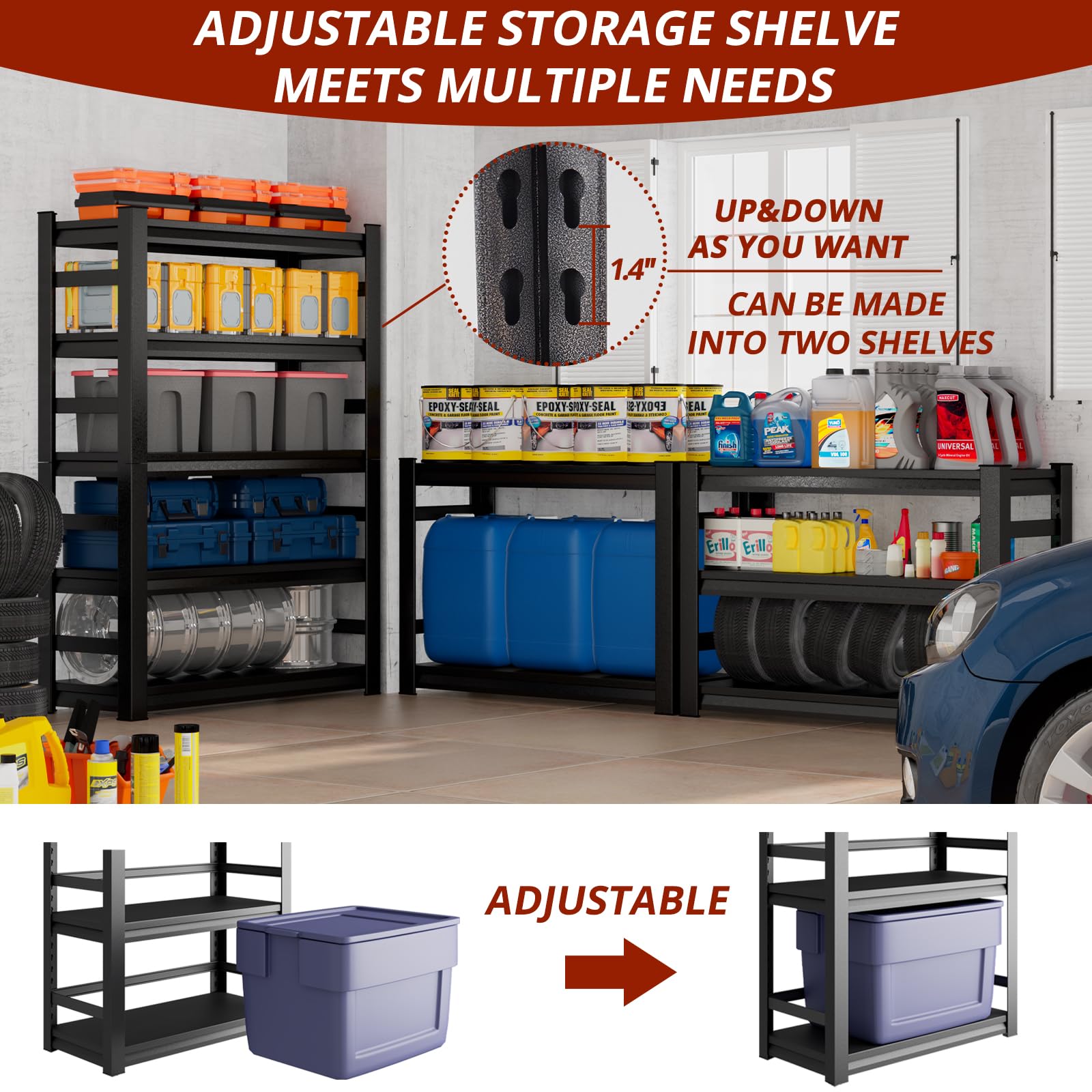 Hymnxemo 78" H Metal Garage Storage Shelves 2500lbs Heavy Duty Garage Shelving Unit Adjustable Industrial Utility Rack Organizer for Garage Basement Warehouse, 78" H x 47.3" W x 18" D,Black