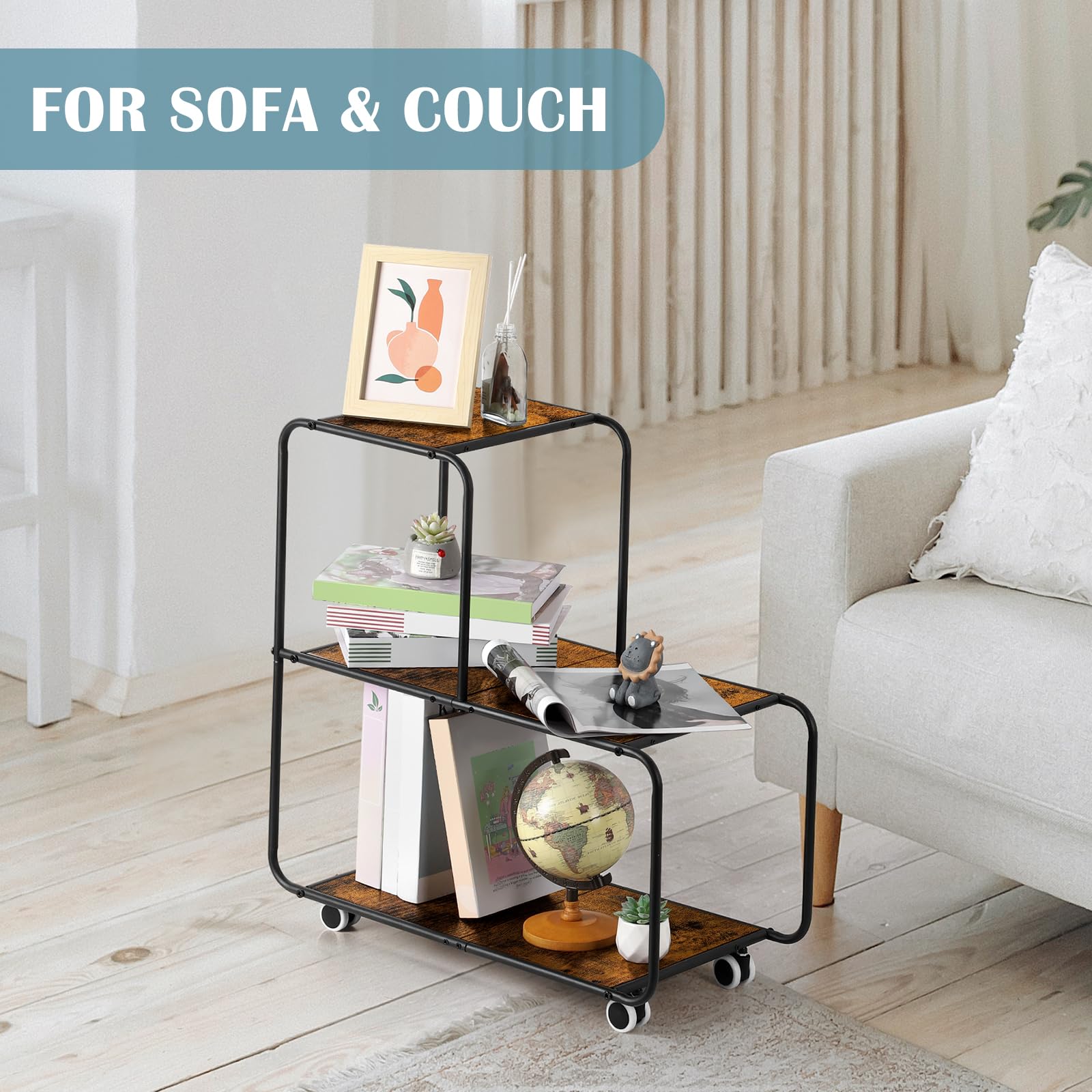 Luplom White Nightstand Set of 2 Small Side Table for Small Spaces 3 Tier End Tables Living Room with Wheels for Sofa Armchair Bed Side