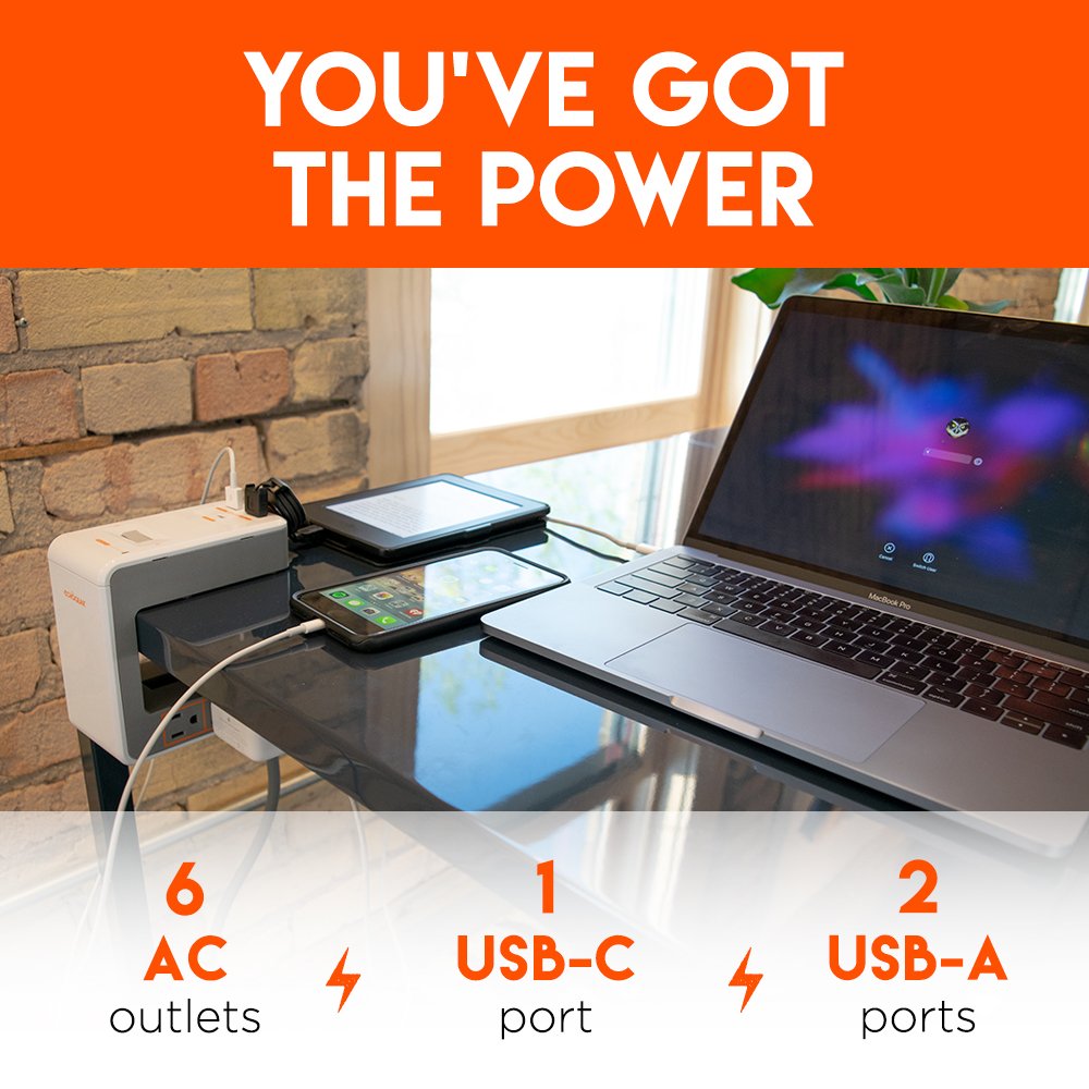 ECHOGEAR Desk Power Strip Surge Protector - Clamps to Desk in Seconds - Power Station Includes 6 AC Outlets, 2 Standard USBs, 1 USB-C Port β Long 6ft Cord & Switch for Manual Power Control
