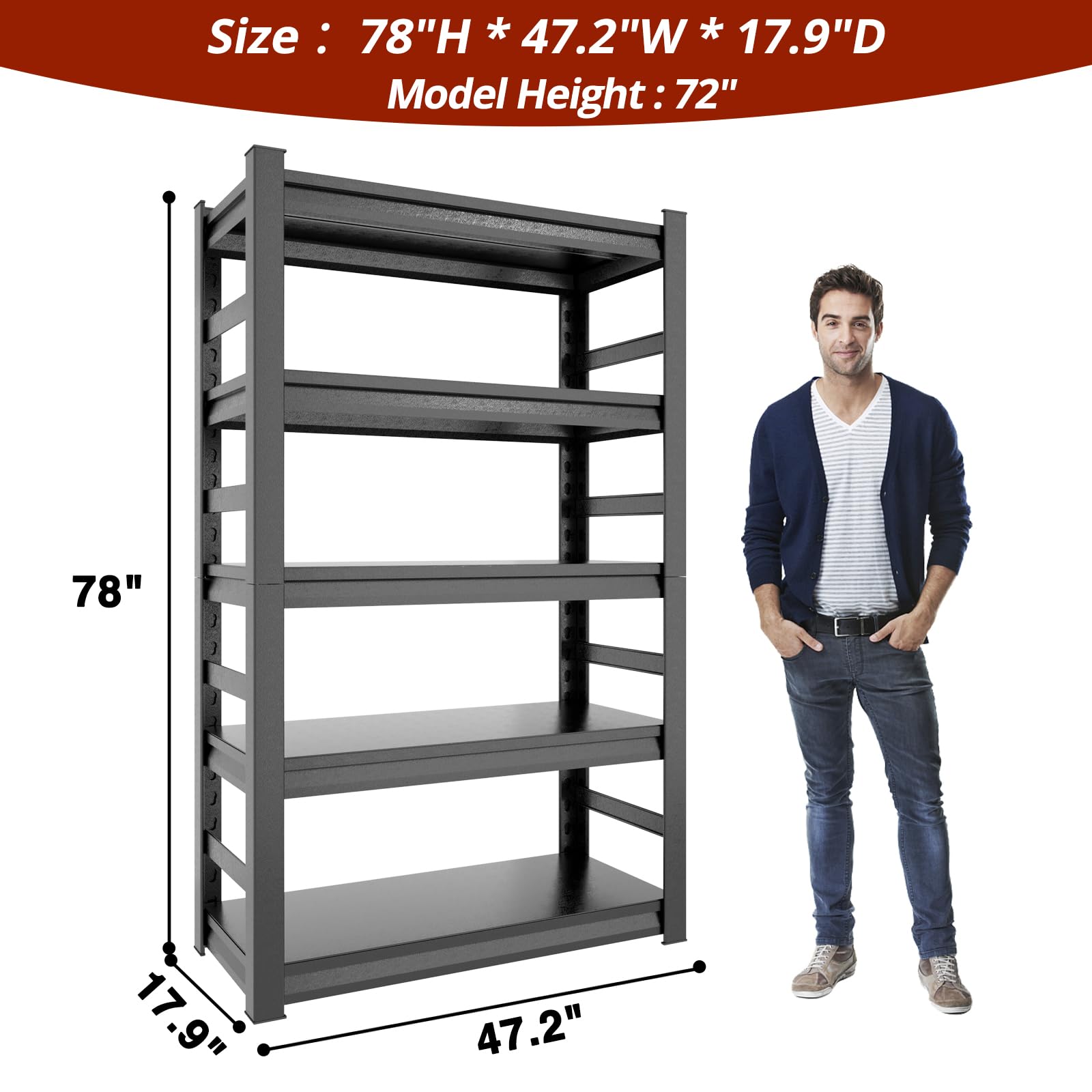 Hymnxemo 78" H Metal Garage Storage Shelves 2500lbs Heavy Duty Garage Shelving Unit Adjustable Industrial Utility Rack Organizer for Garage Basement Warehouse, 78" H x 47.3" W x 18" D,Black