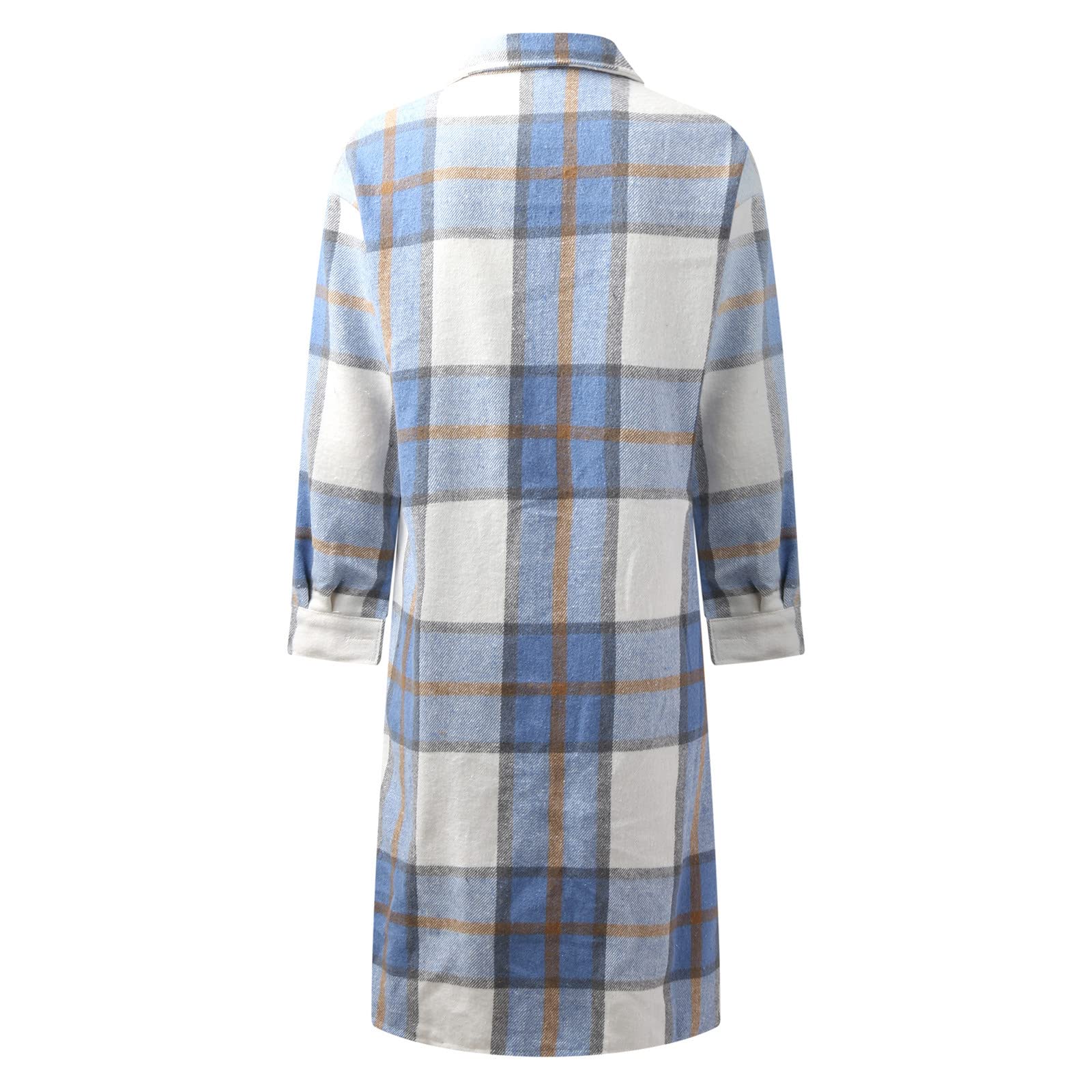 Echoollly Women's Plaid Long Shacket Casual Woolen Blend Lapel Button Down Shirts Jacket Winter Loose Oversize Coat Outerwear, Light Blue, X-Large