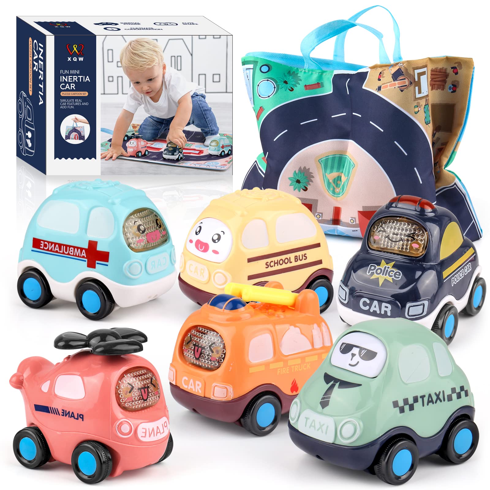 XQW Cartoon Inertia Baby Toy Cars with Storage Bag and mat, 6 Pcs Push and Go Toys, Kids Toys Car for Girls Boys, Early Educational Toys for 1 2 3 4 5 6 Year Old Boys Girls, Birthday Gift for Toddlers