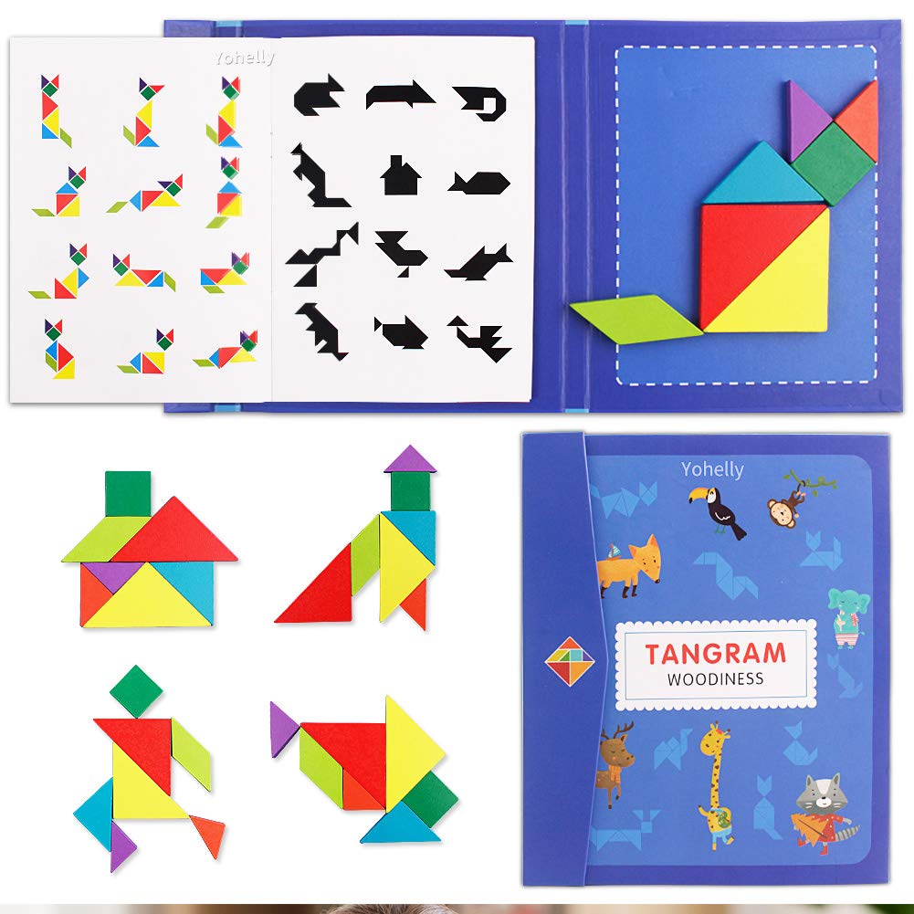 Yohelly Wooden Pattern Blocks Toys Gifts for 1 2 3 4 5 6 Years Old,Montessori Learning Toys for Boys Girls Ages 1-3, Geometric Shape Puzzle Kindergarten Classic STEM Educational Tangram Toys
