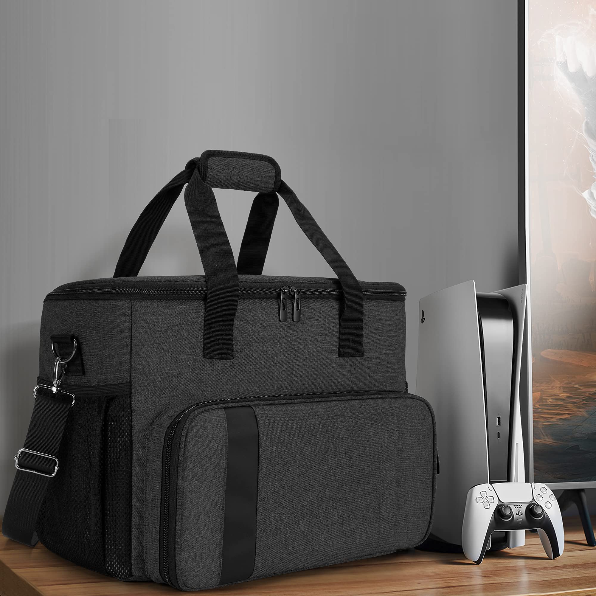 CURMIO Carrying Case Compatible for PS5, PS4, PS4 Pro, Xbox Series S, Xbox One/ One S/ One X and Xbox 360, Playstation 5 Storage Bag for Console and Gaming Accessories, Black (Bag Only)
