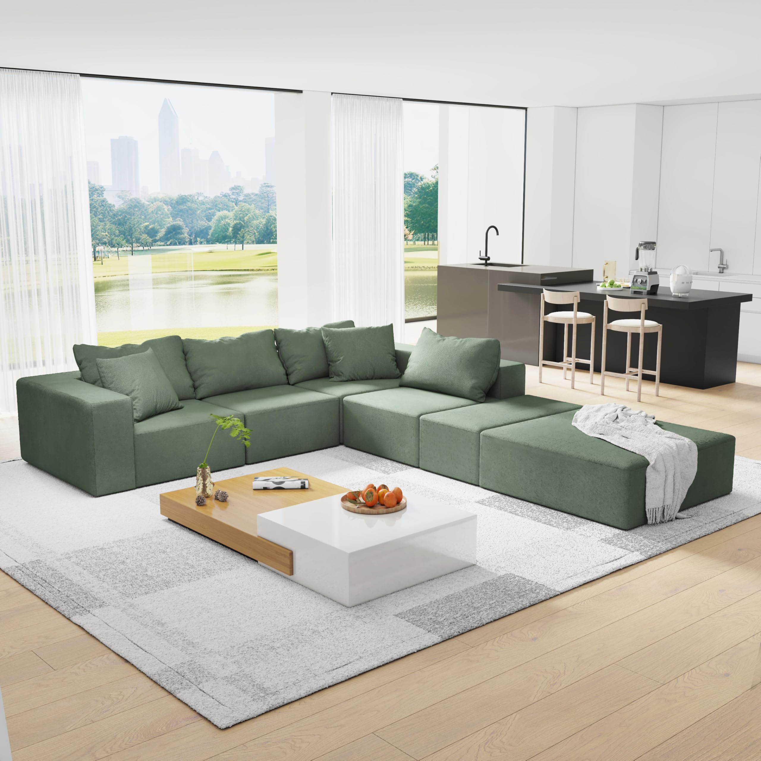 JUIKURY Modern Upholstered Sectional Sofa Couch Set,Modular 132" L Shaped Sectional Living Room Sofa Set with 6 Pillows,Free Combination Sofa Couch for Living Room,Bedroom