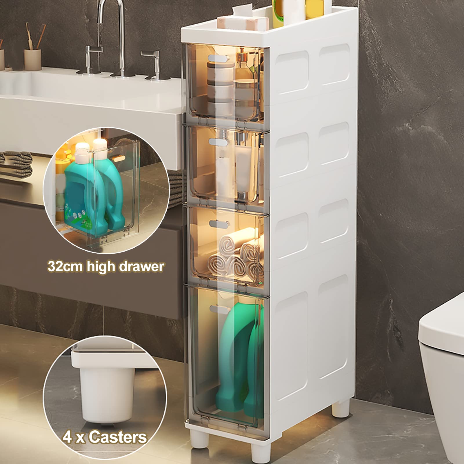 JUNGEDUI Slim Bathroom Cabinet Storage, Large Capacity Slim Storage Cabinet with Clear Plastic Drawers Casters Narrow Tall Slim Floor Cabinet for Small Spaces,7''W and 9''W