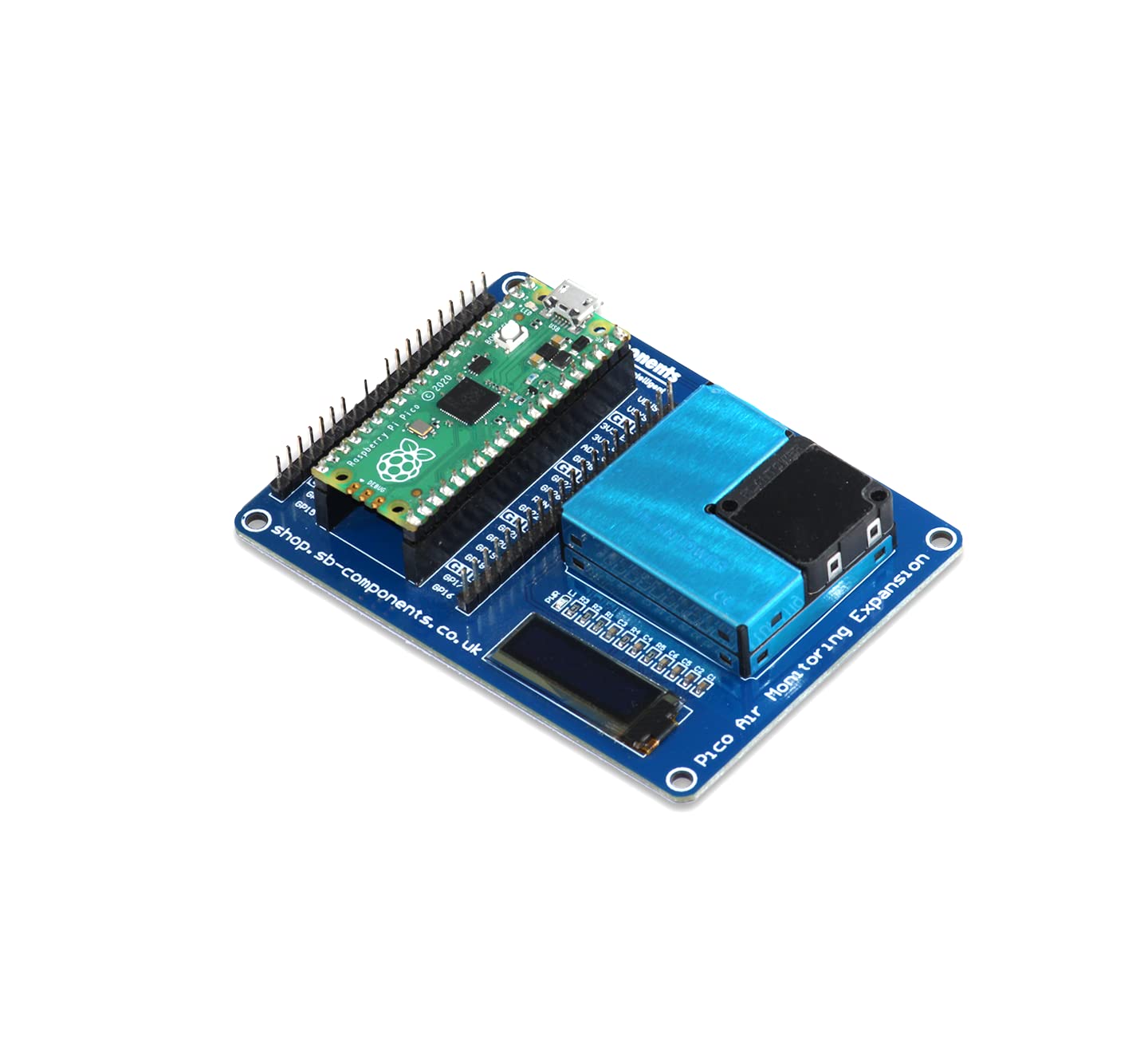 sb components Raspberry Pi Pico Air Monitoring Expansion PMSA003 Sensor Air Monitor HAT for Raspberry Pi Pico with inbuilt 0.91" OLED Display