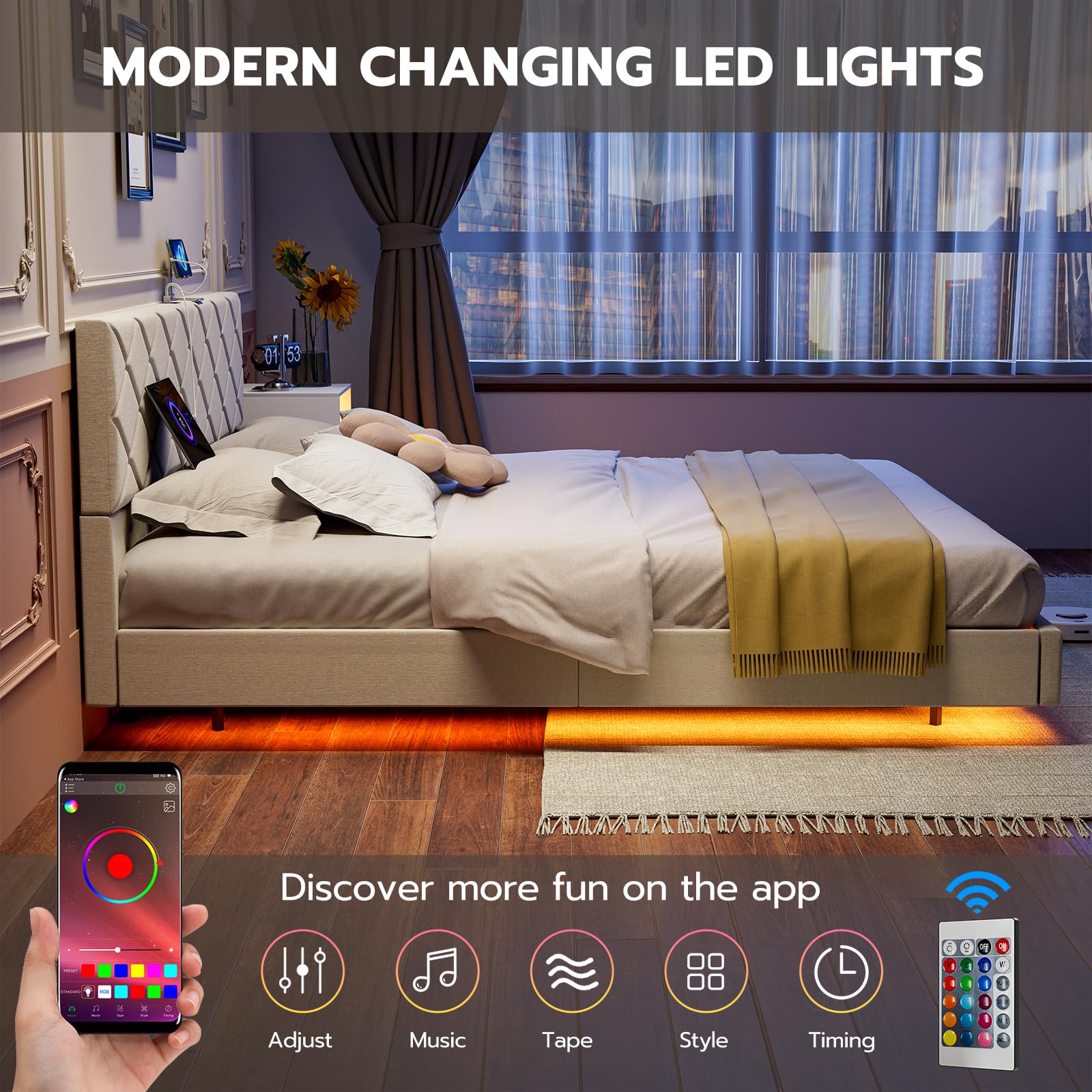 IKIFLY Floating Bed Frame Full Size with 2 USB Ports - Modern Upholstered Linen Full Platform Bed with LED Lights, No Box Spring Needed, Solid Wood Slats, Easy Assembly - Beige