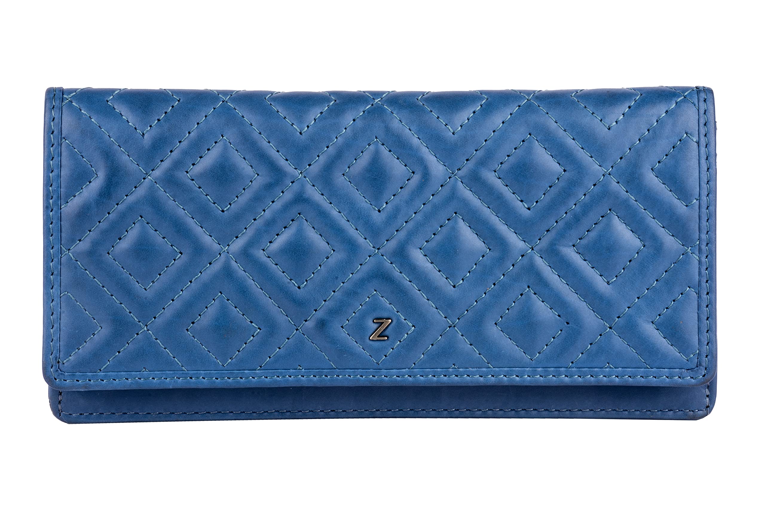 Zinda Genuine Leathers Women’s Wallet RFID Protection Long Purse Flap Over Quilted (Blue)