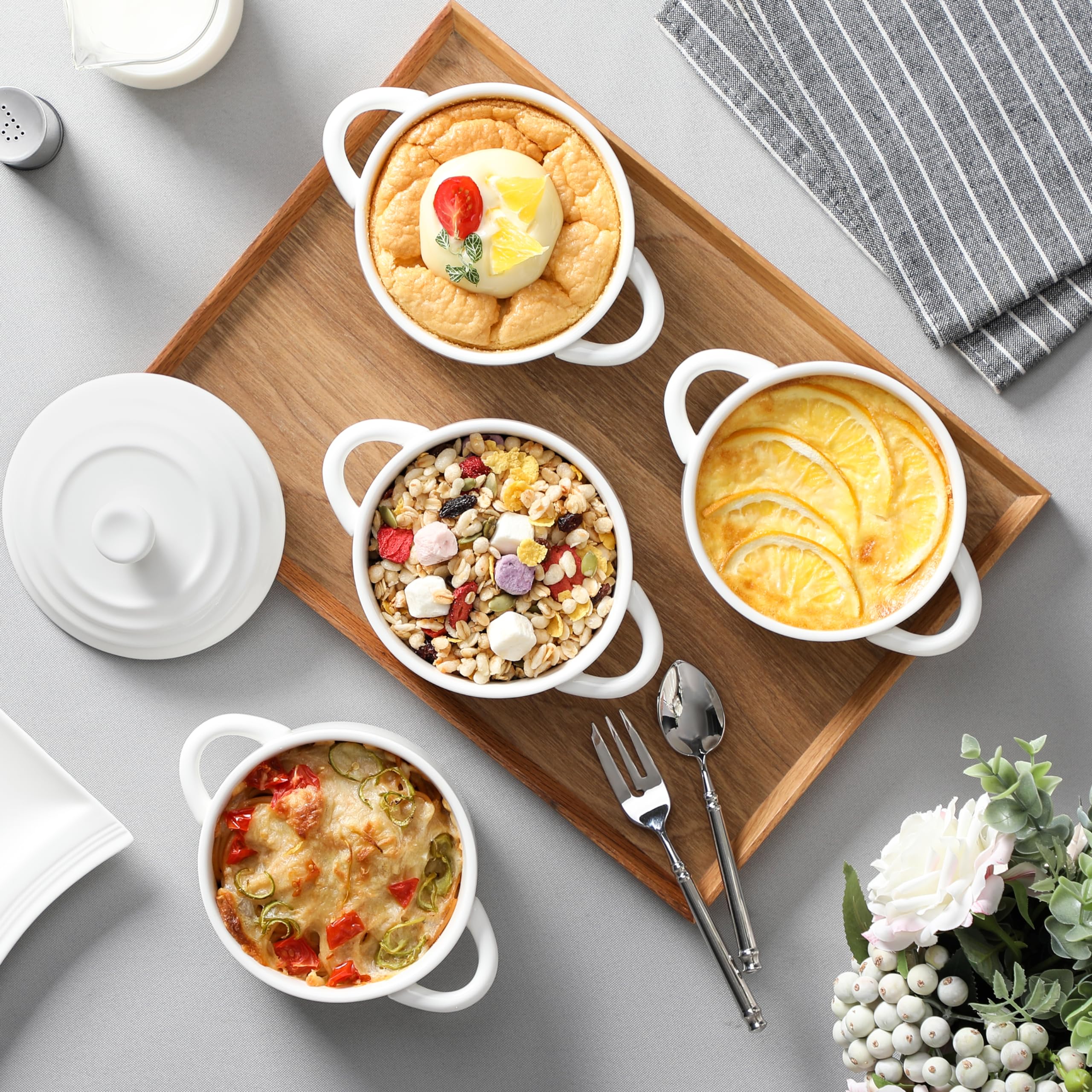 MALACASA Mini Cocotte Set - 14 OZ Small Casserole Dishes with Lids and Handles, Ceramic Mini Dutch Oven Set of 4, Small Baking Ramekins for Lasagna, Soufflé, Oven, Microwave & Dishwasher Safe, Series BAKE.BAKE