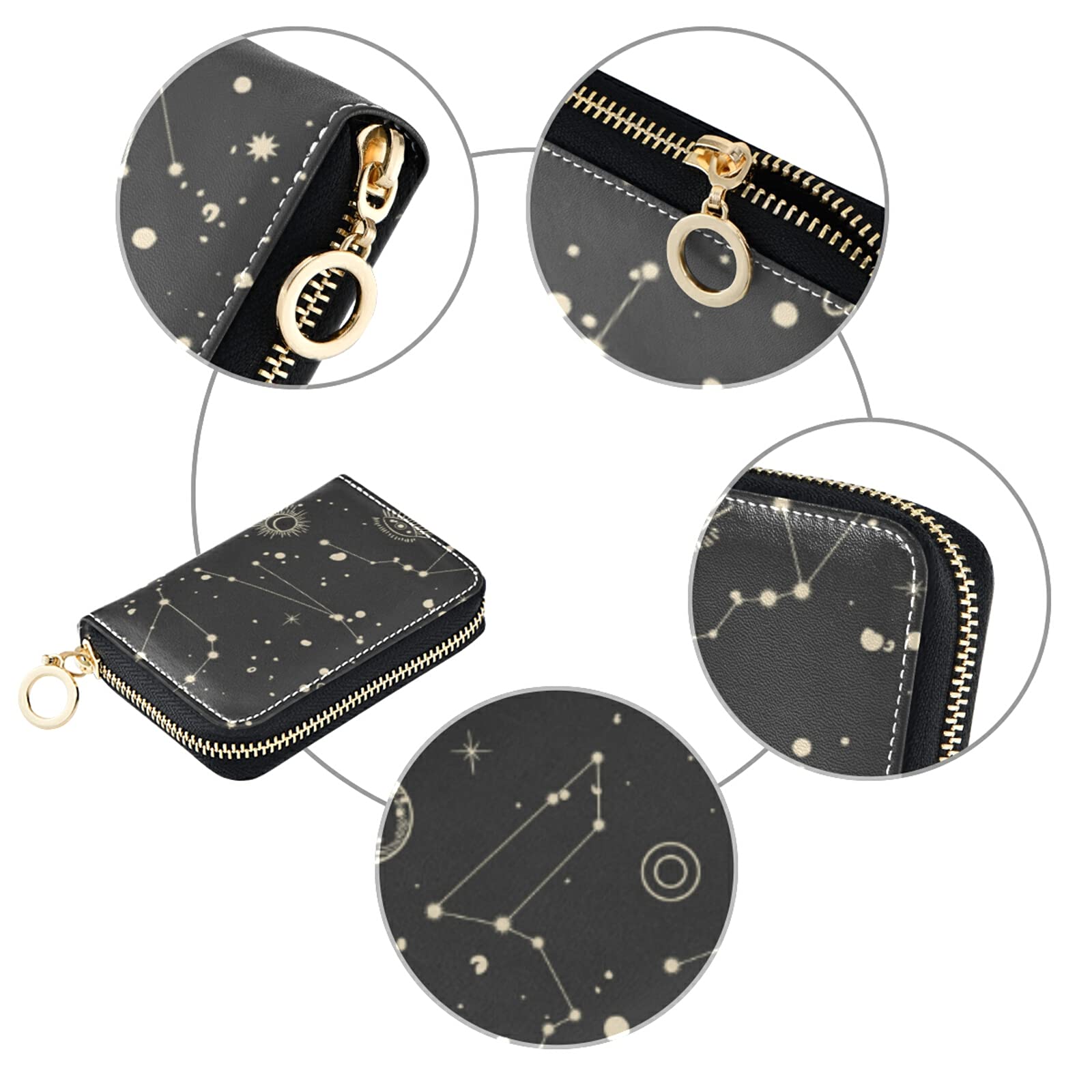 Zodiac Signs Moon Moonlight in Vintage Style on Dark Credit Card Coin wallet, Key Change Organizer Zipper Purse Compact Clutch Pouch Pocket, RFID Blocking Women Leather Card Holder